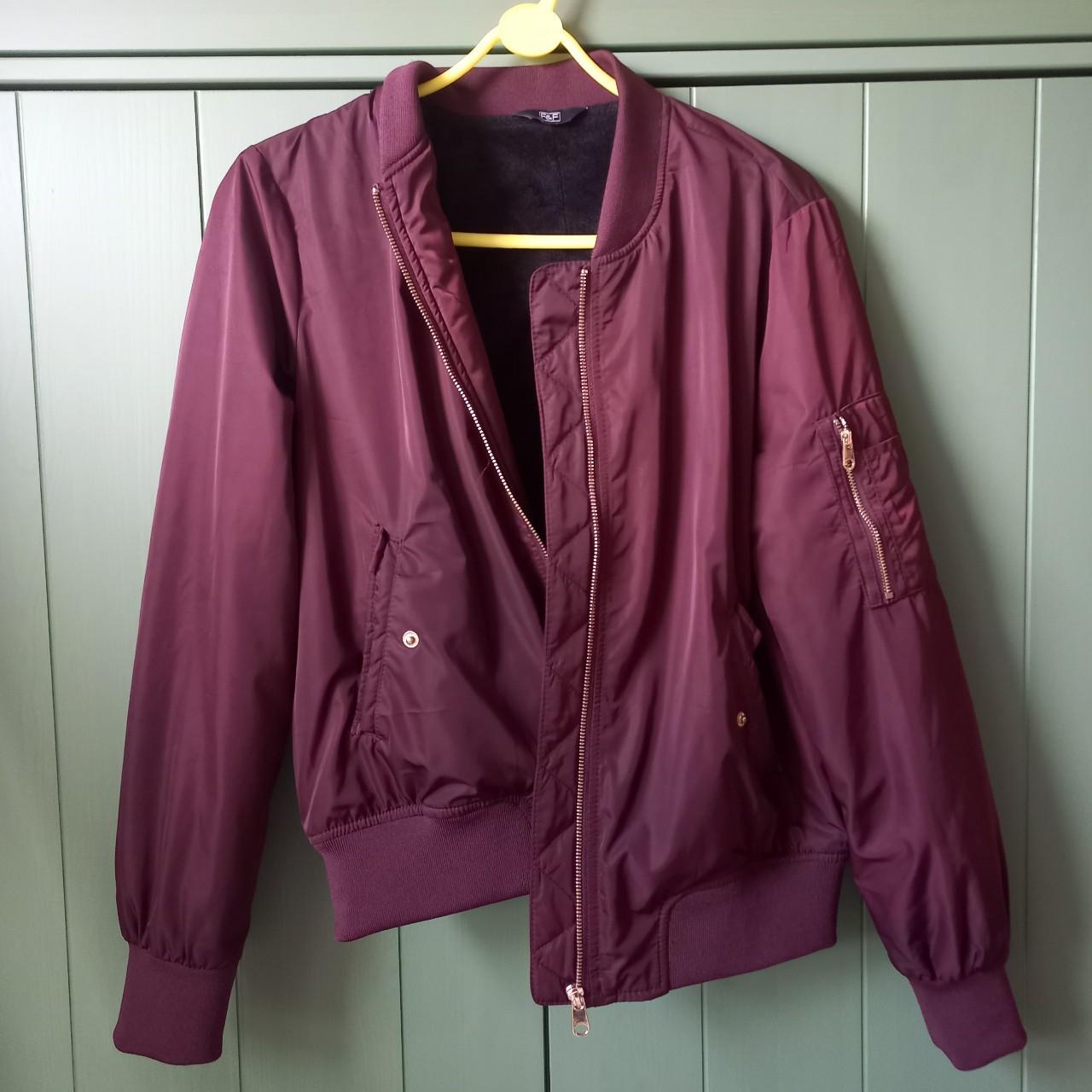 maroon bomber jacket with fluffy inside and zip... - Depop