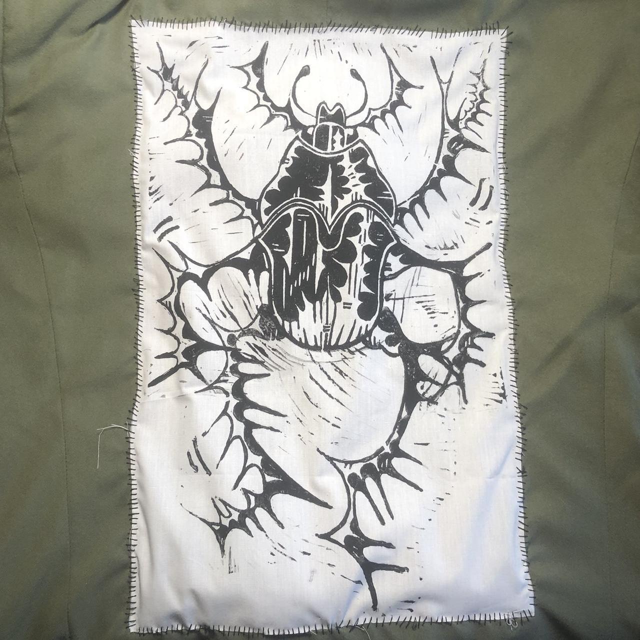 beetle patch hand sewn on sage green... | Depop