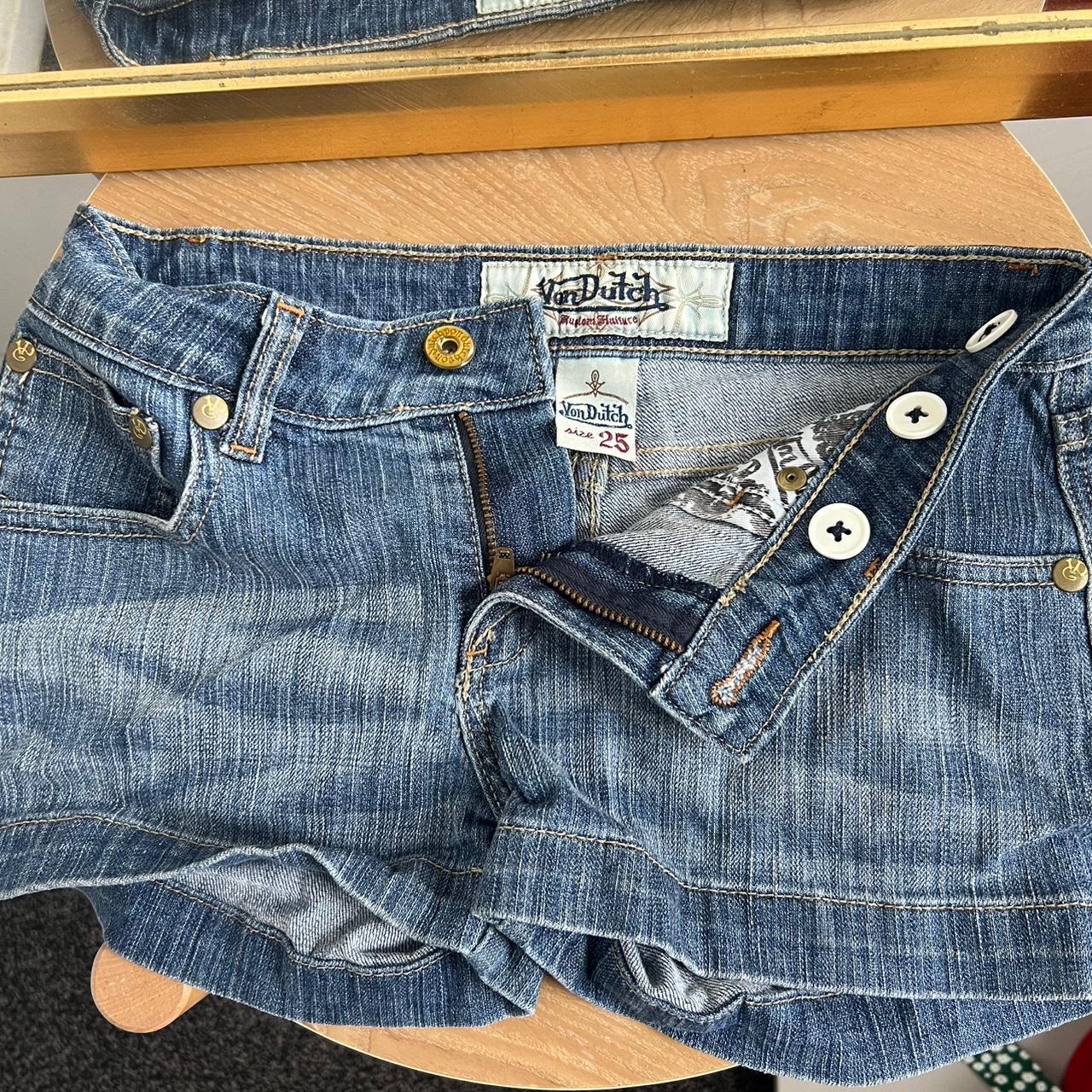 Von Dutch 2000s low-rise denim shorts in blue and... | Depop