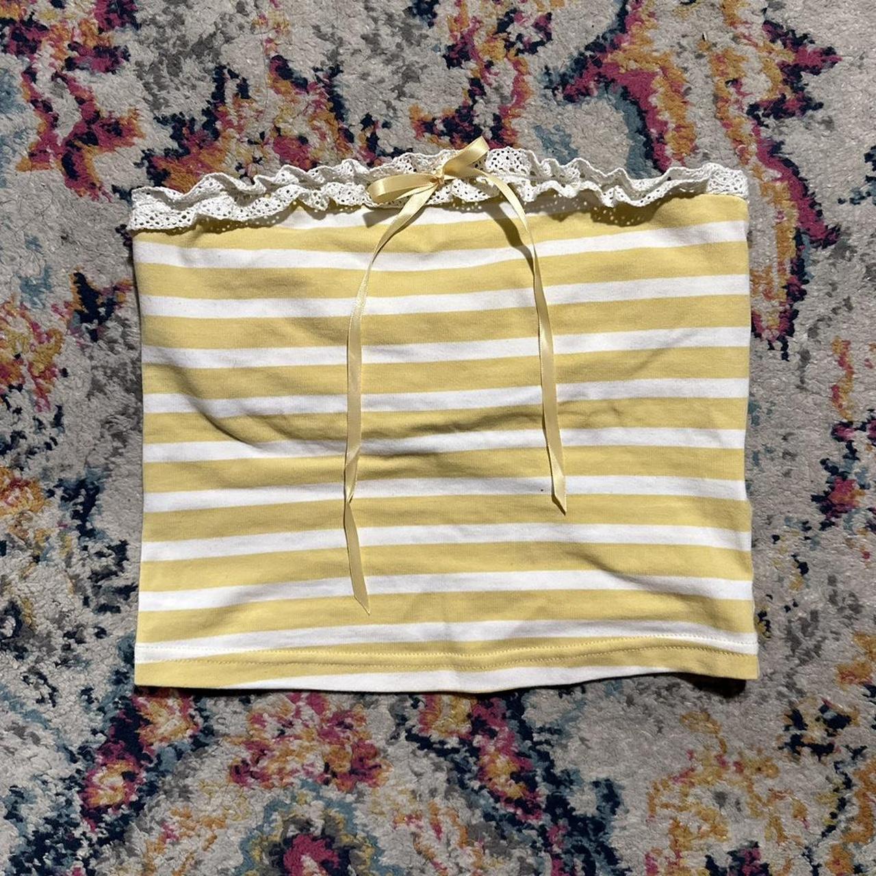 Kimchi blue yellow stripped tube top w lace... - Depop