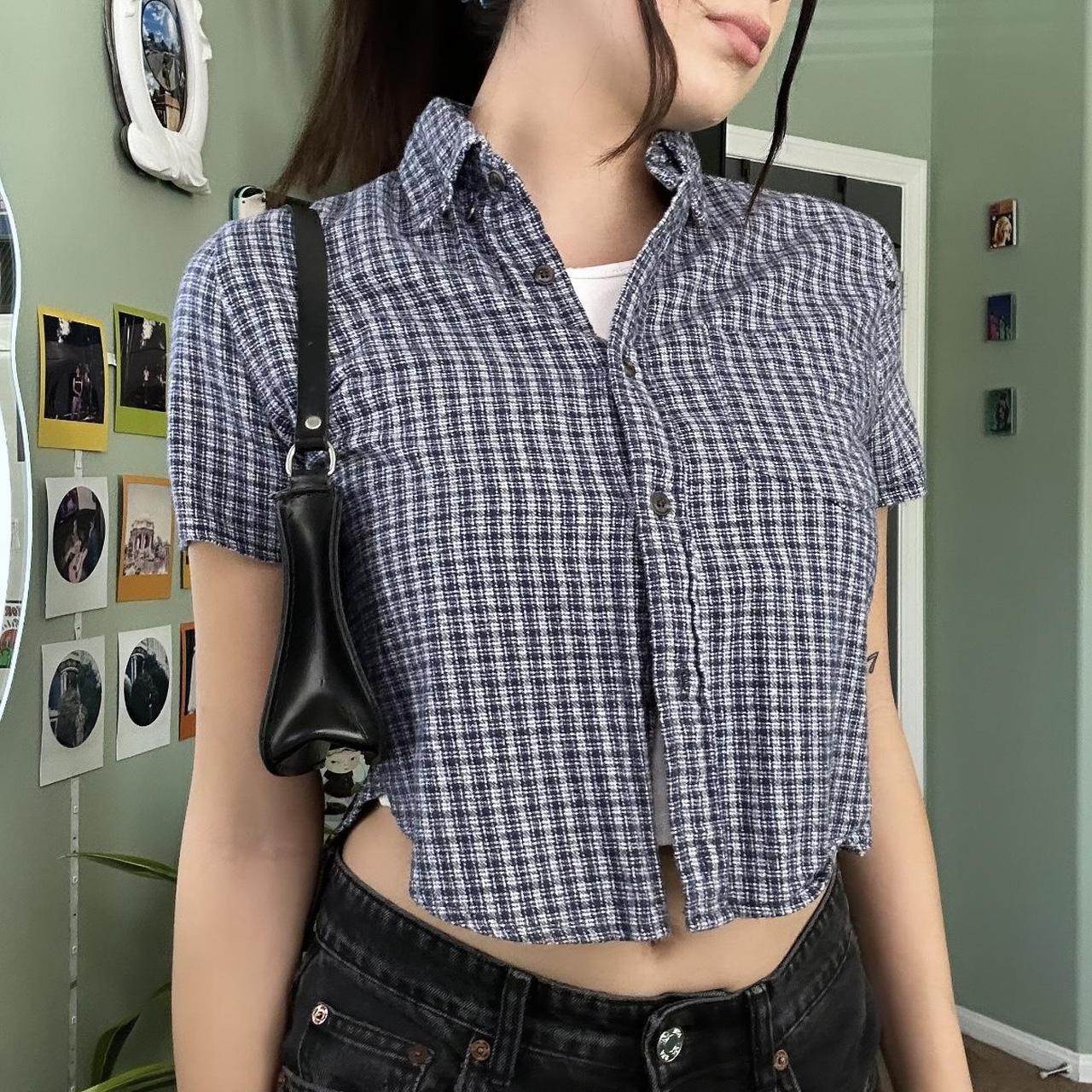 Brandy Melville Blue jean Plaid Button Up Top 🩻 Fits... - Depop