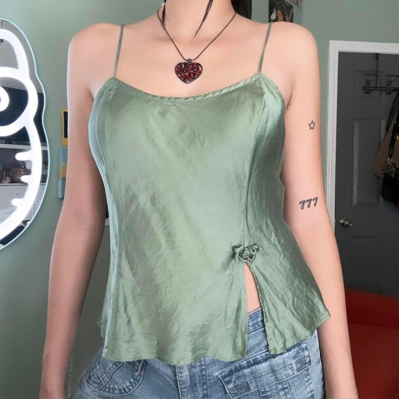 Sade Green Silk Slit Floral Intimate Blouse lingerie... - Depop