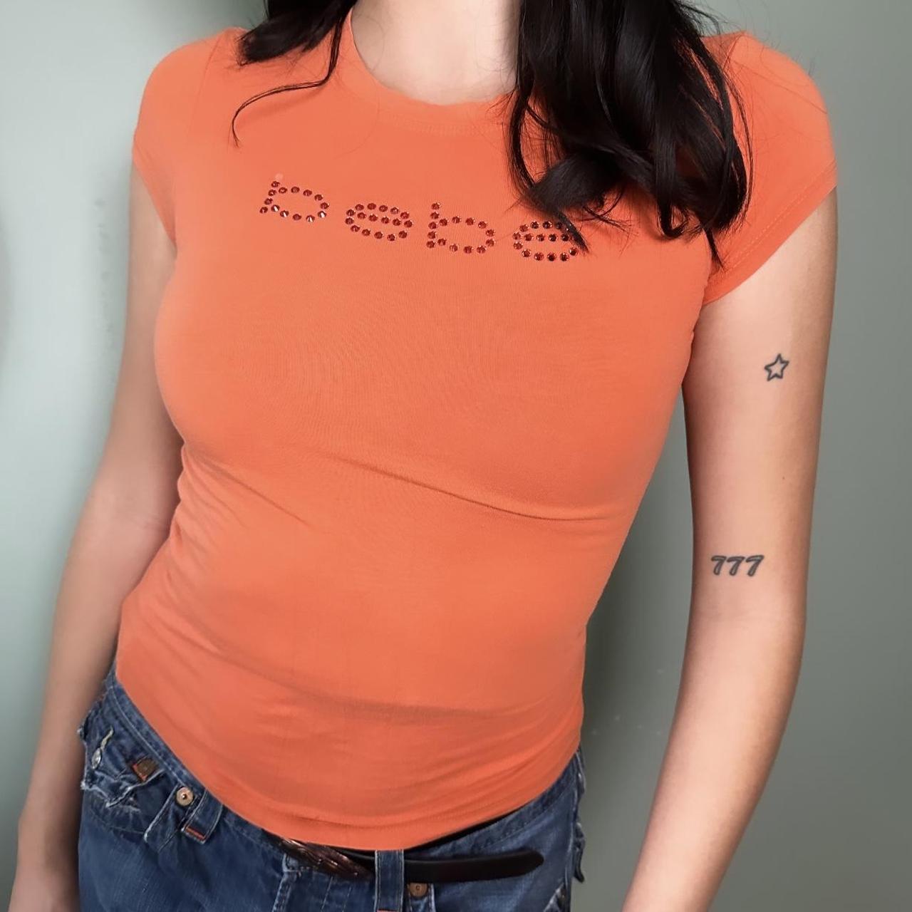 Bebe Orange Bedazzled Rhinestone Fitted Baby Tee... - Depop