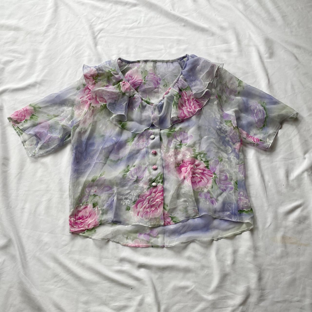 80s Sheer Purple Floral Ruffled Button Up... | Depop