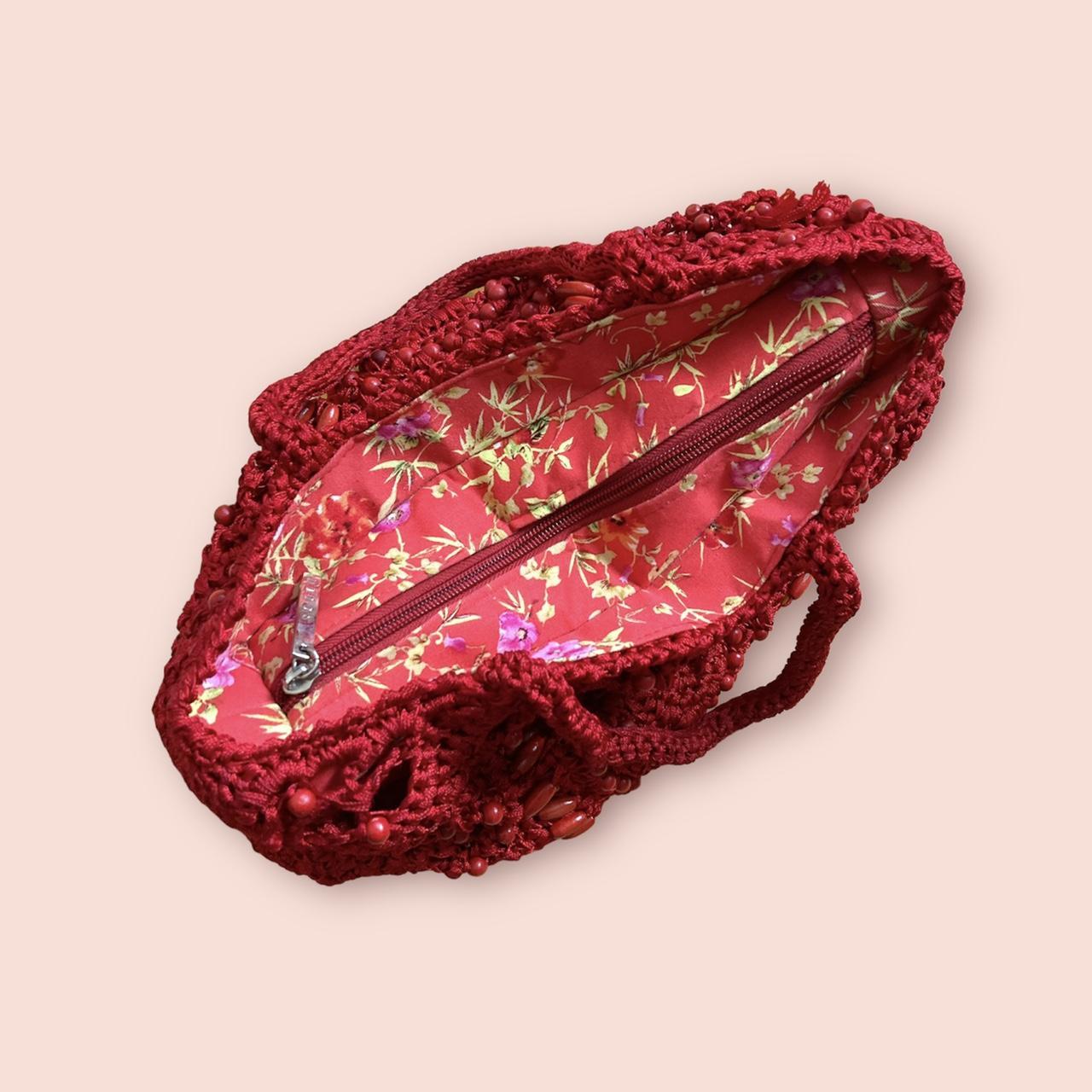 Vintage red macrame beaded Dents handbag with floral... - Depop