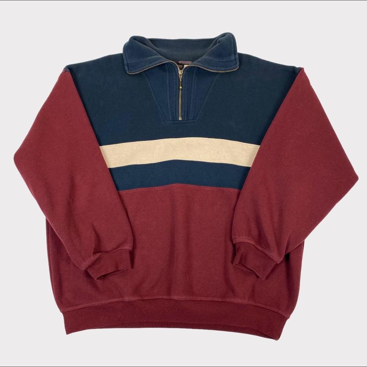 Vintage 90s Quarter Zip Sweatshirt Burgundy , navy... - Depop
