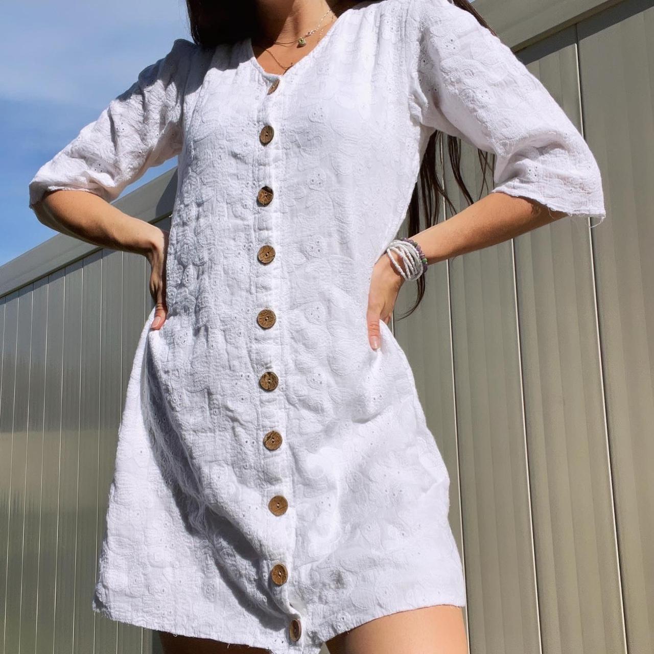 y2k front button half sleeve lace lined white dress... - Depop