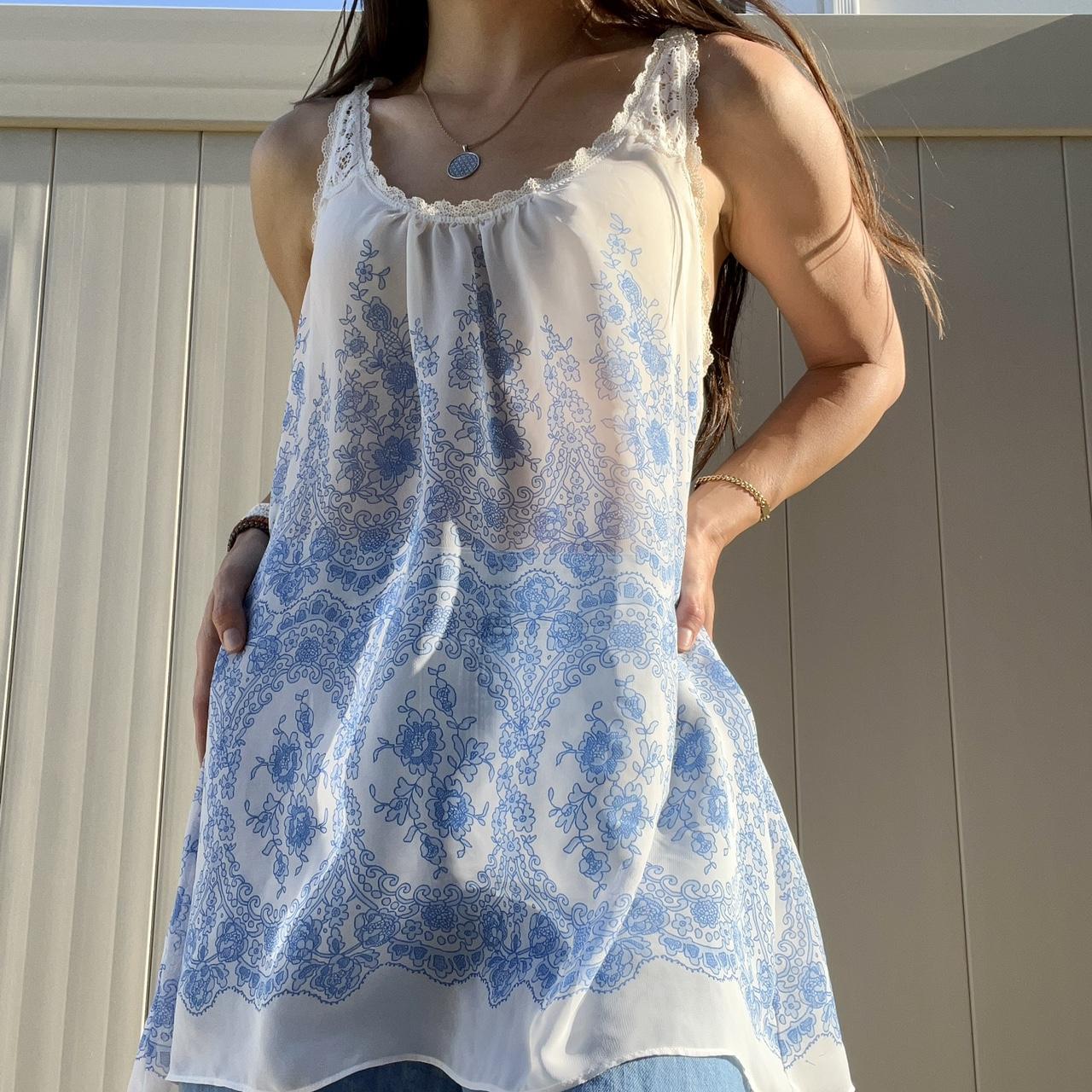In bloom blue floral chiffon lace flowy tank top... | Depop