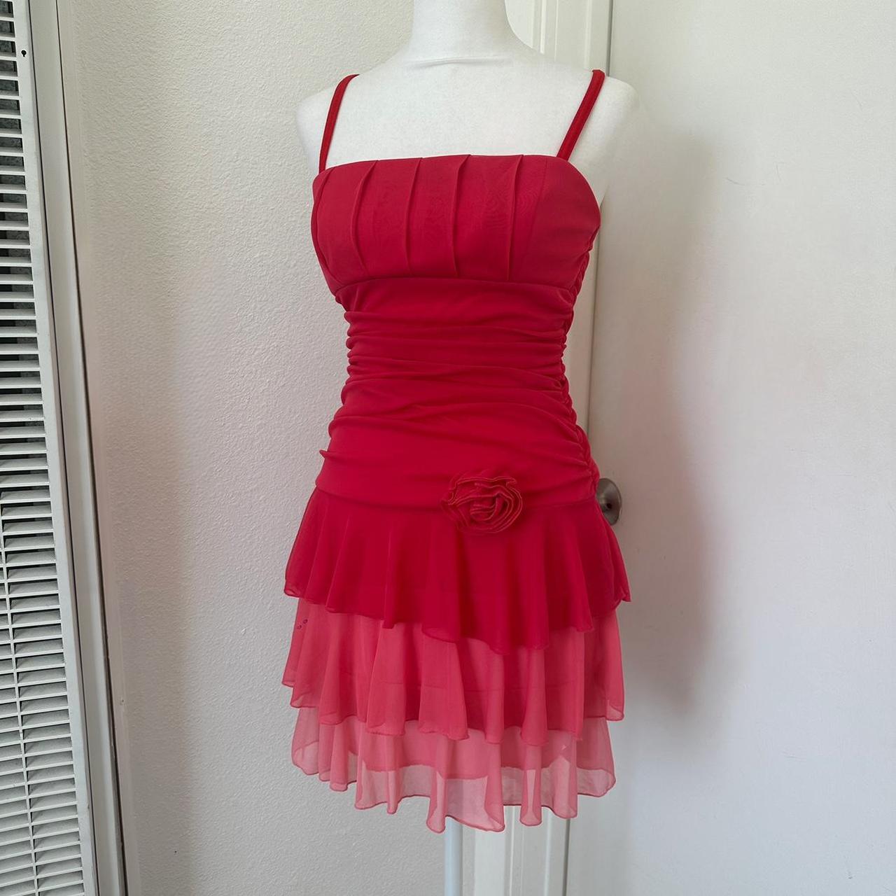 Y2k ruffle mesh mini dress with rose attached at the... - Depop