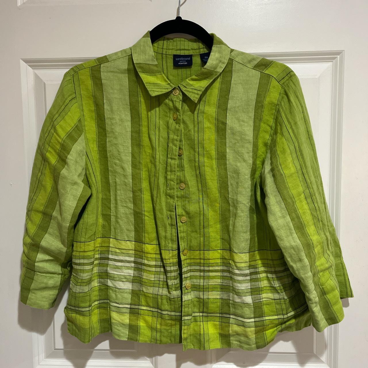 100% linen lime green plaid button up shirt Super... - Depop