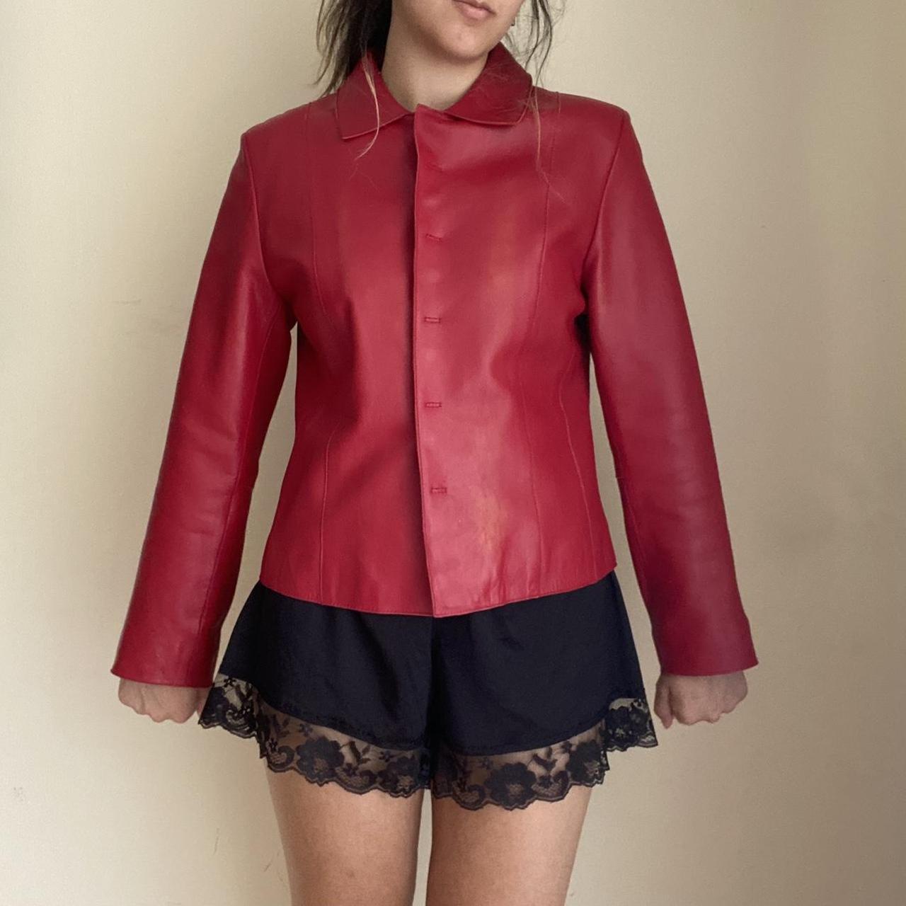 Vintage red genuine leather jacket. Has snap buttons... - Depop