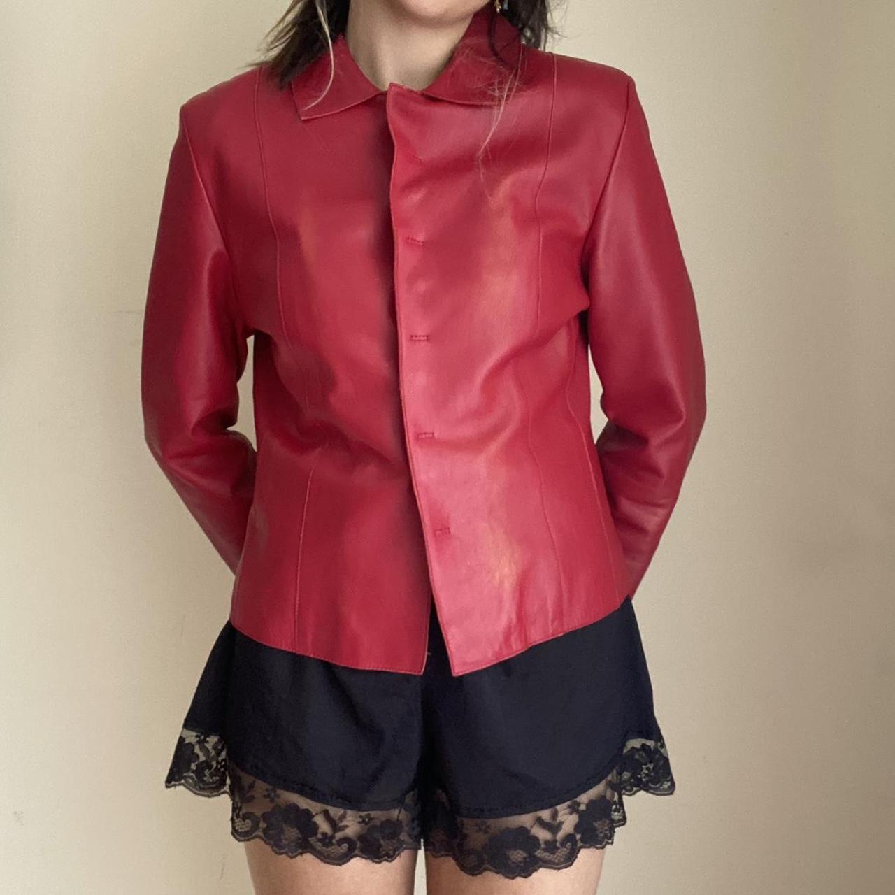 Vintage red genuine leather jacket. Has snap buttons... - Depop