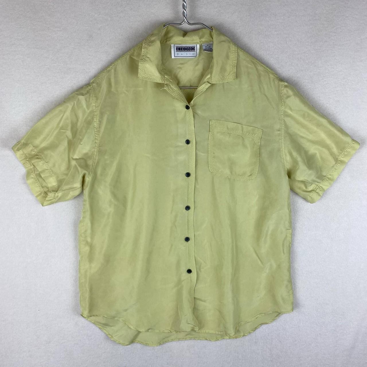 Vintage Kikomo Silk Button Up Blouse Yellow Green... - Depop