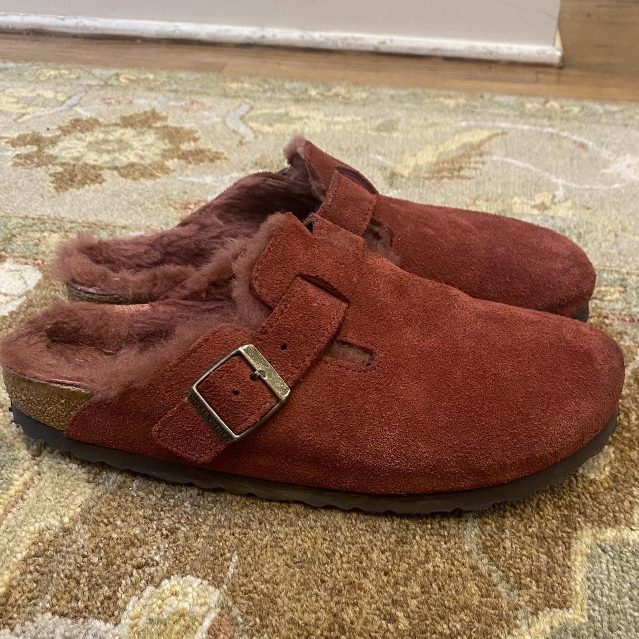 Birkenstock Boston Shearling Clog in red suede. So... - Depop