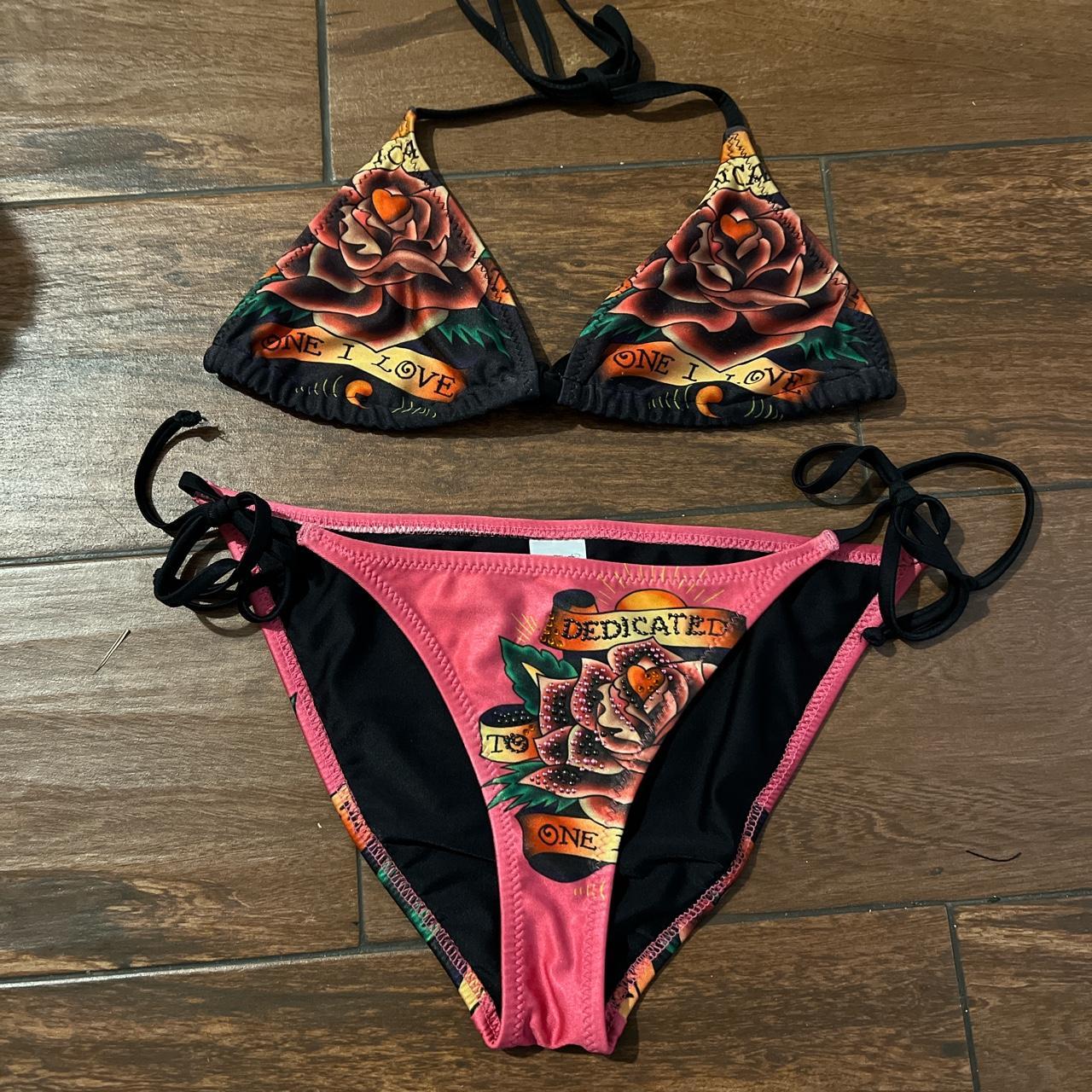 Ed hardy bikini in a size L. Crazy color way in pink... - Depop