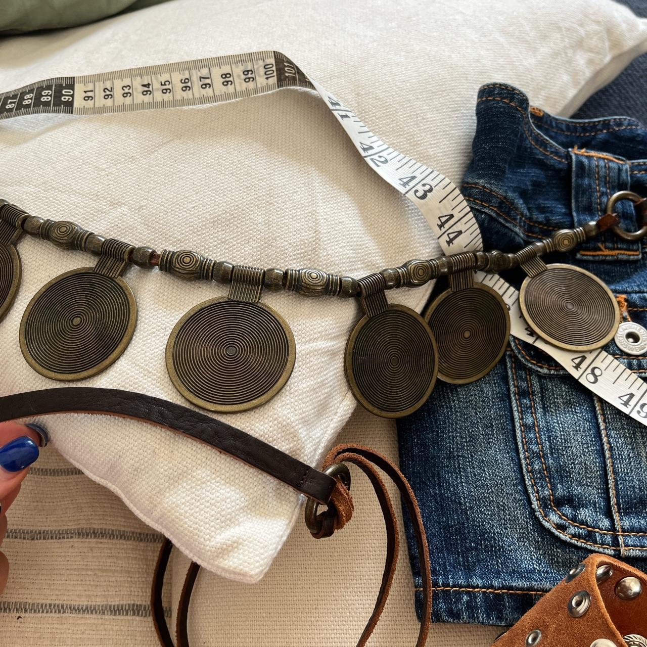 Vintage leather boho disc belt with metal detail.... - Depop