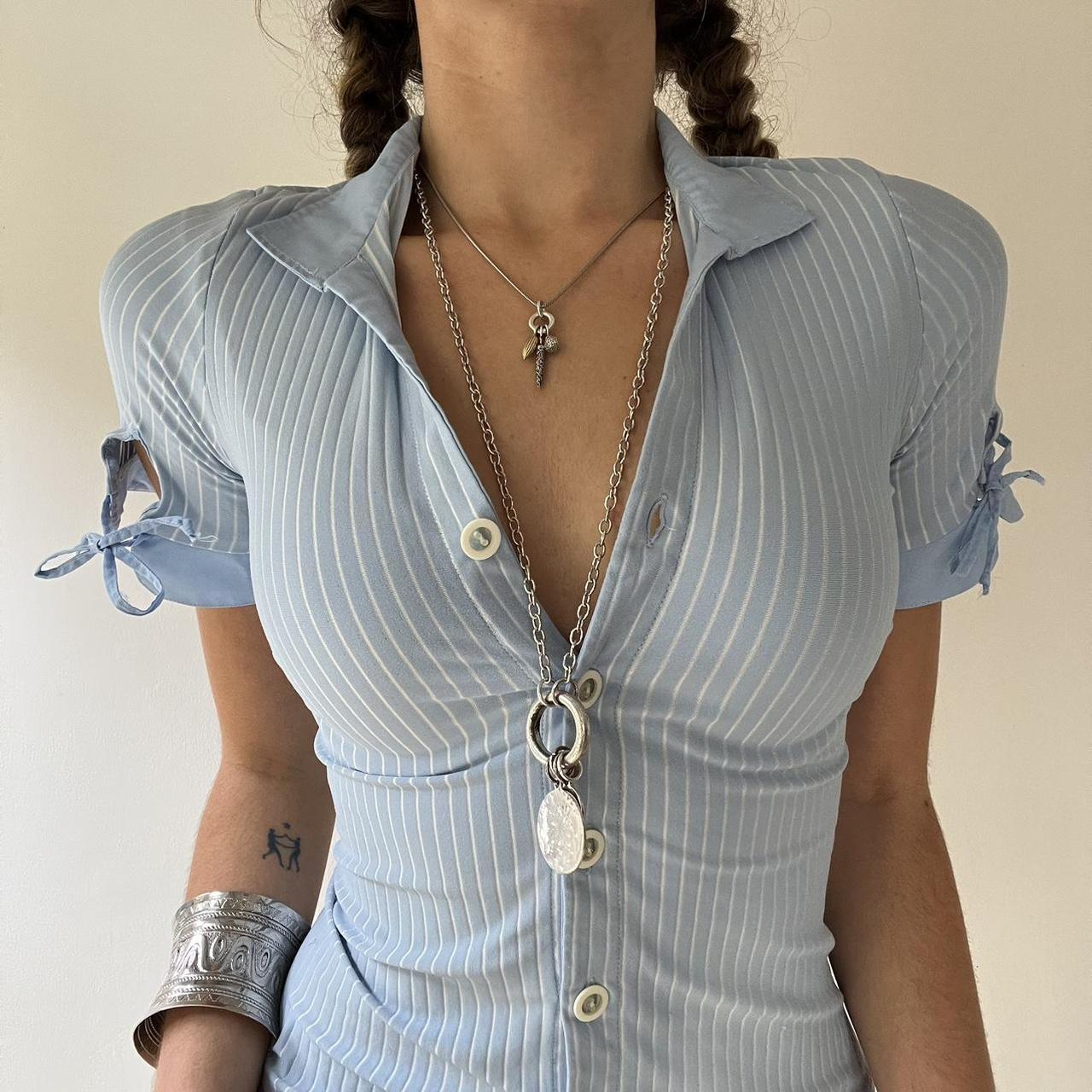 Vintage Y2k pinstriped button up stretch shirt. Will... - Depop