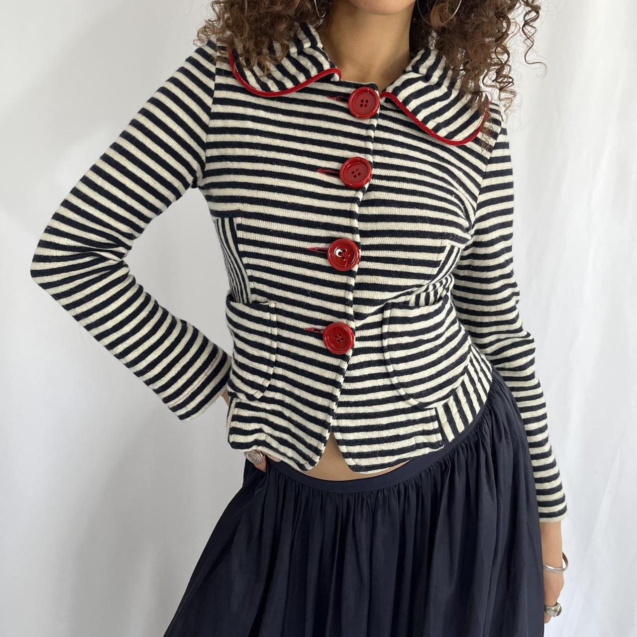 Vintage striped knit jacket with large button... | Depop