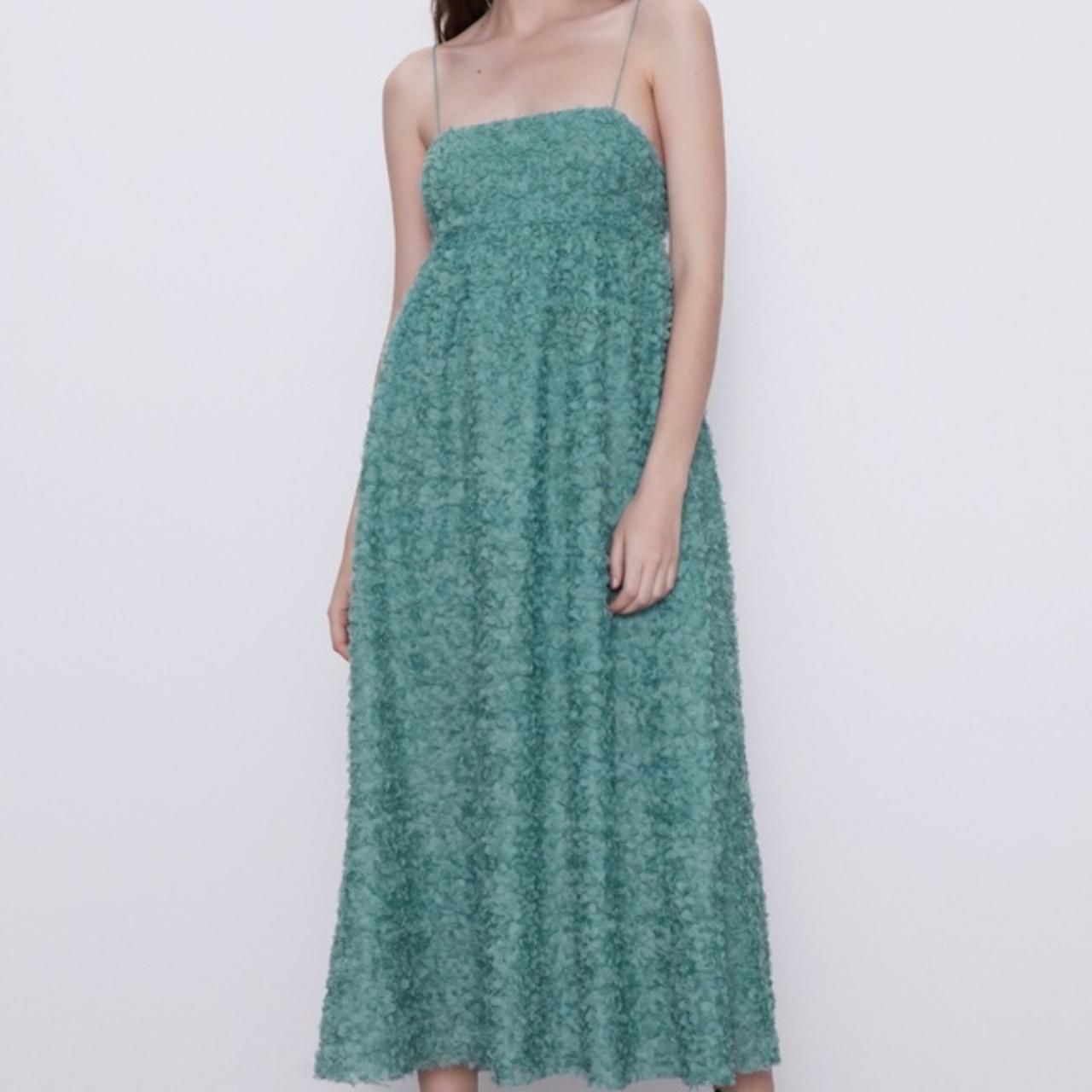 NWT Zara Green Floral Textured Weave Midi Dress... - Depop