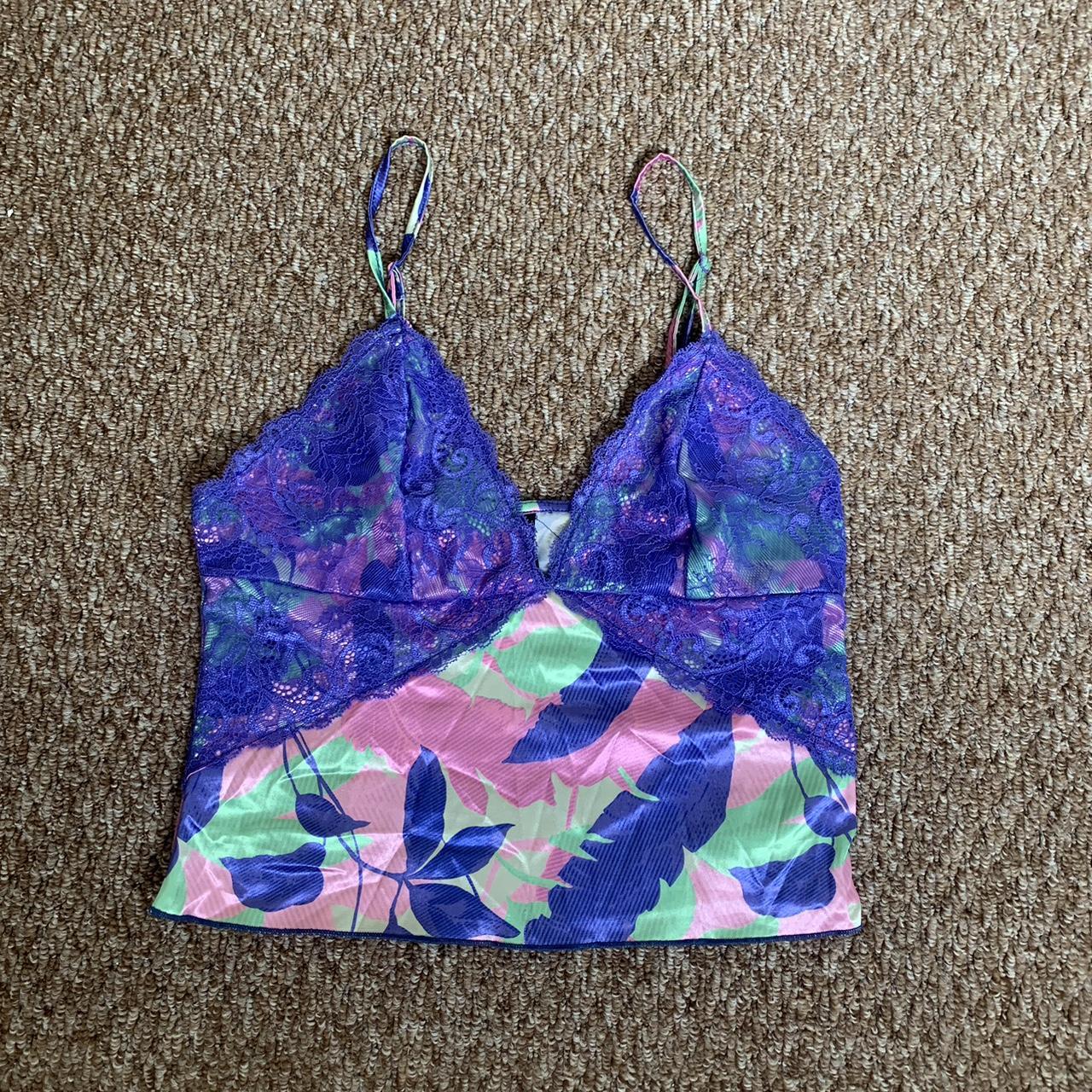 Bright coloured triangle crop top with lace top... - Depop