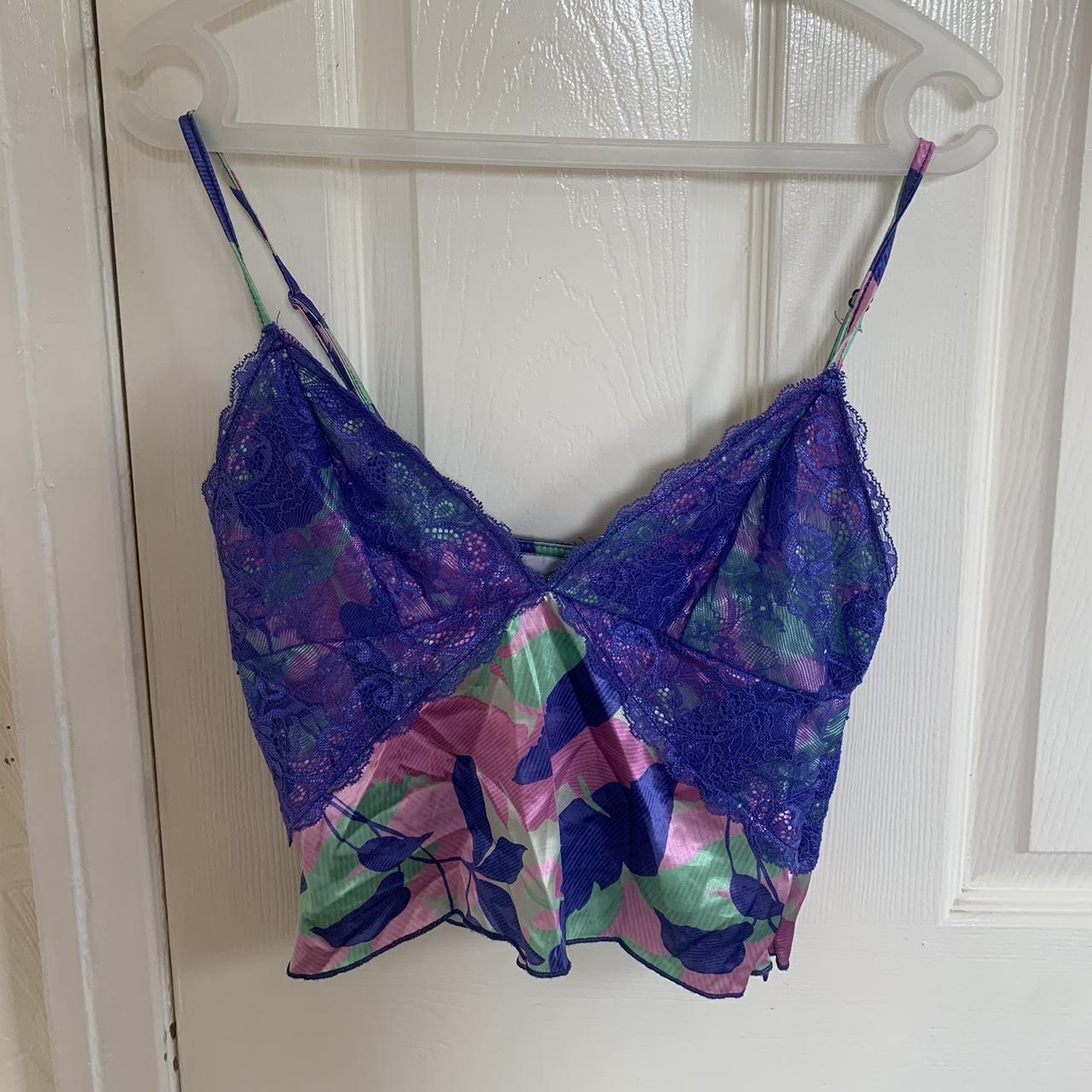 Bright coloured triangle crop top with lace top... - Depop