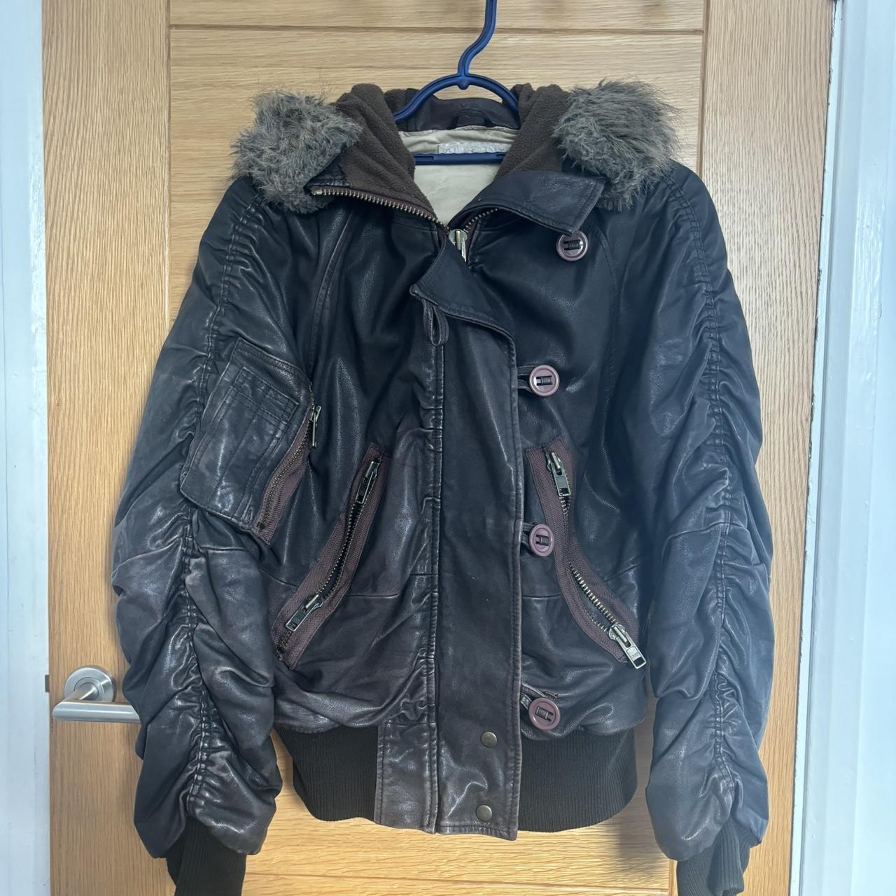 All Saints leather spit hood bomber jacket coat... - Depop