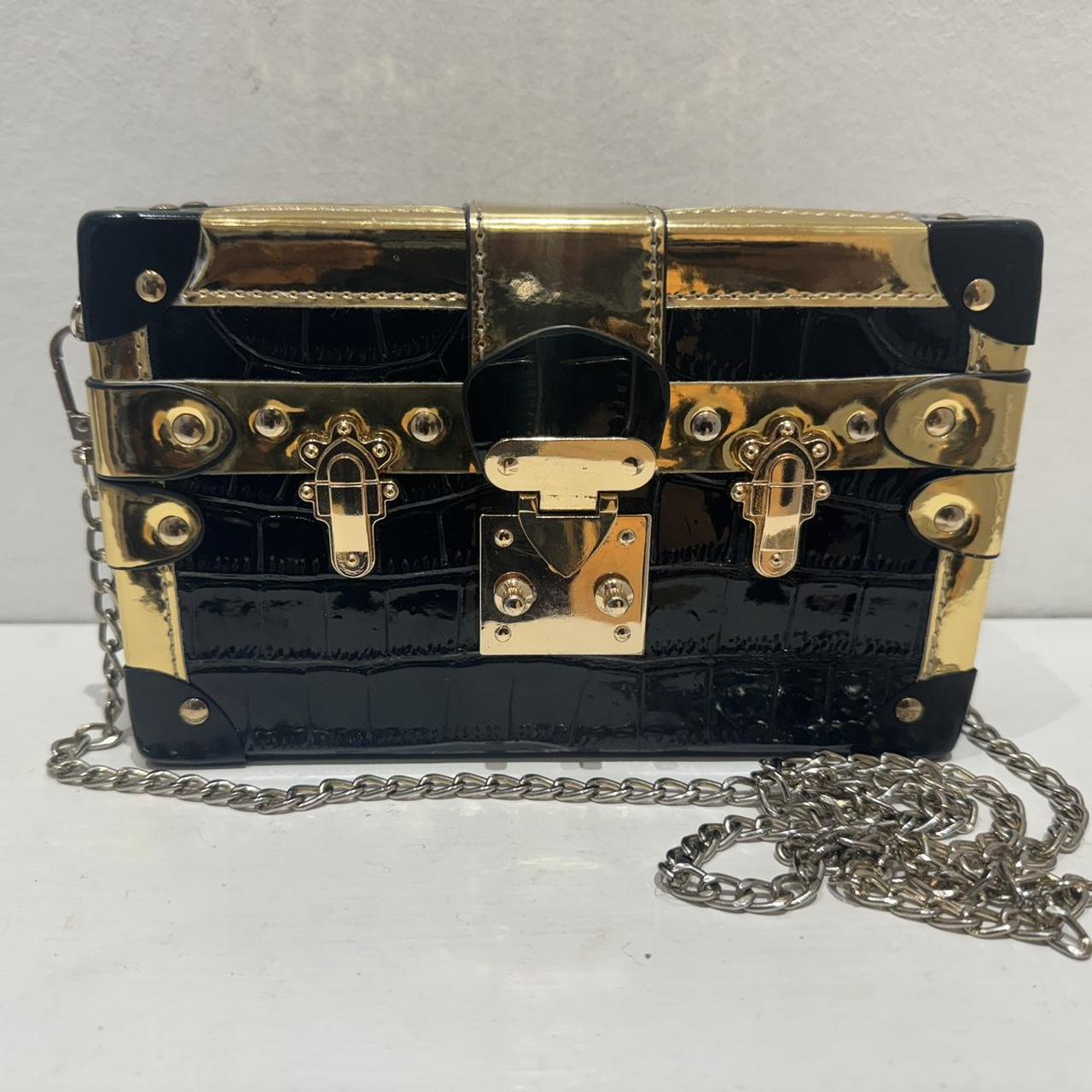 Black patent & gold box bag. Detachable chain to... - Depop