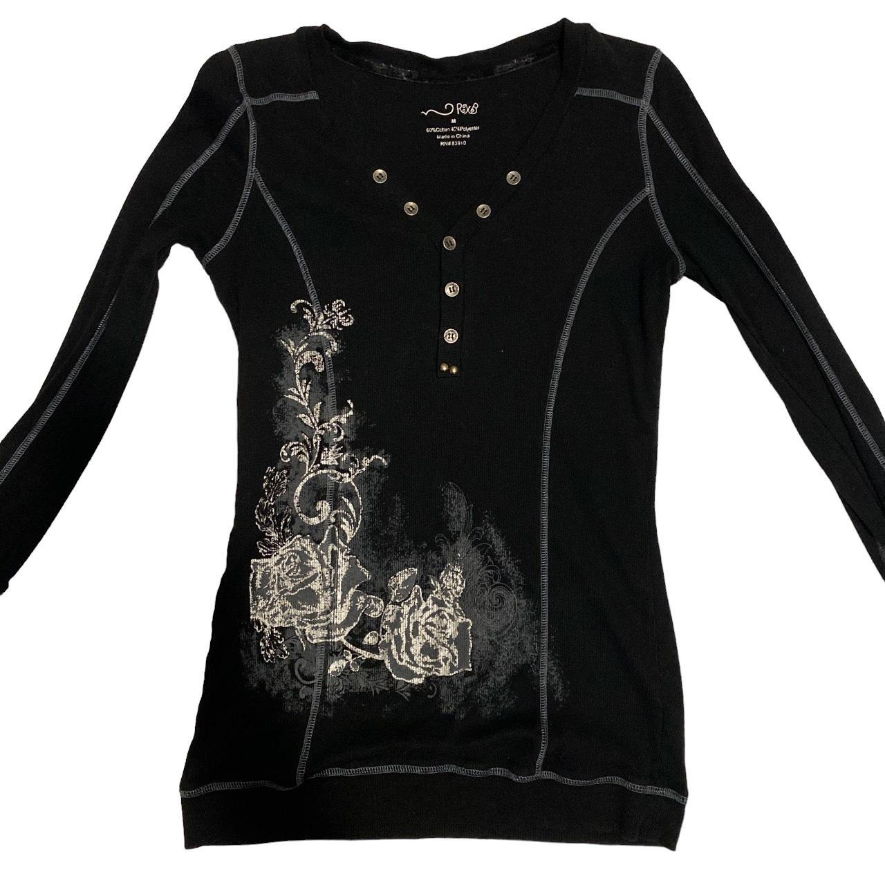 Black and grey long sleeve shirt with rose design... - Depop