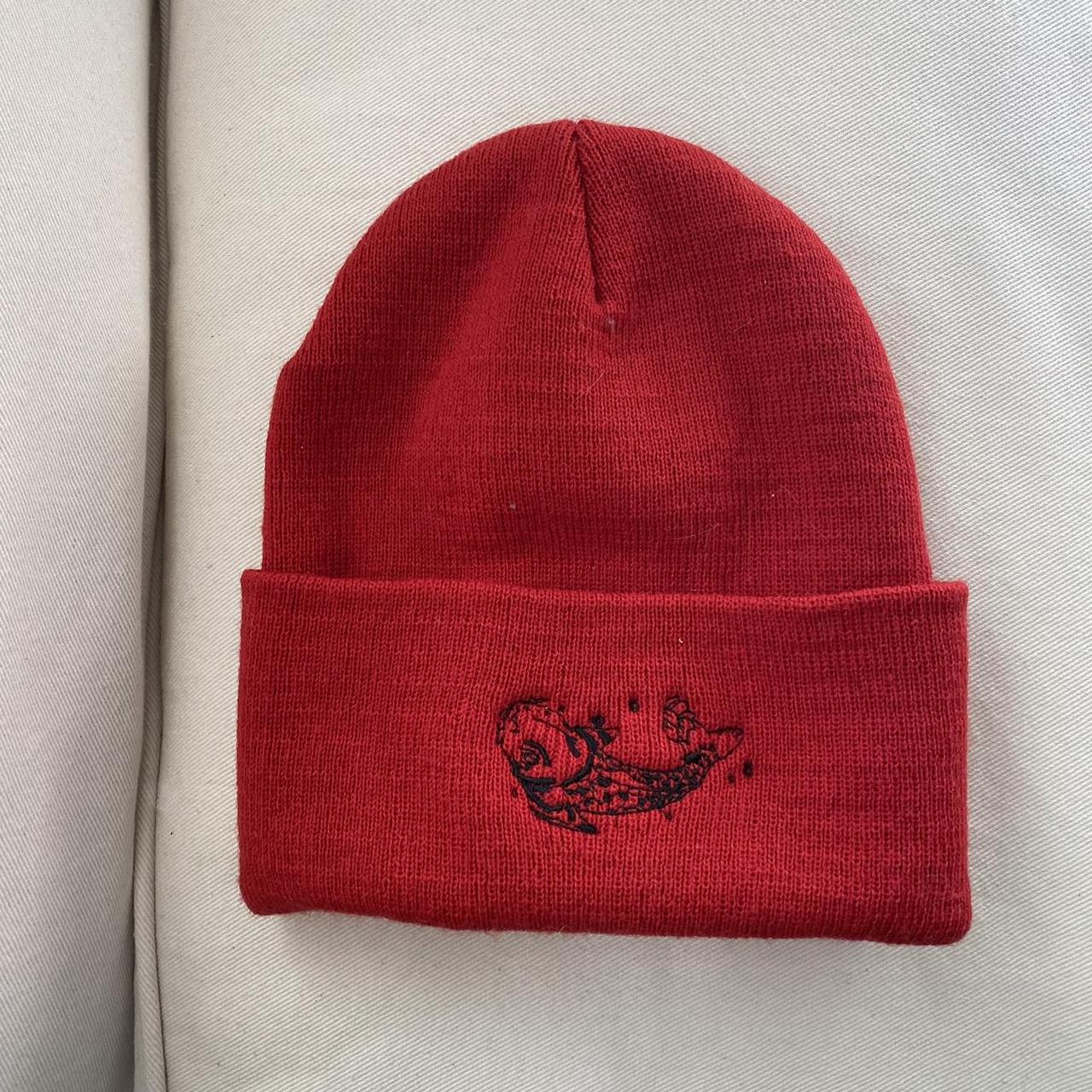Unique red beanie with embroidered fish Really cool... - Depop