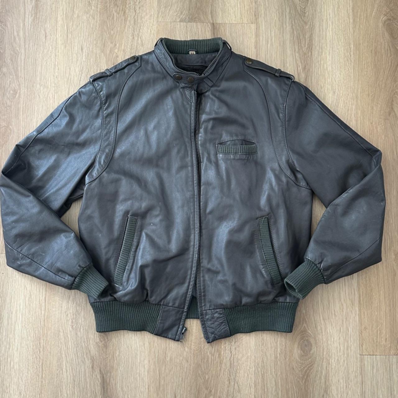 Vintage Dark Grey Leather Bomber Jacket with... | Depop