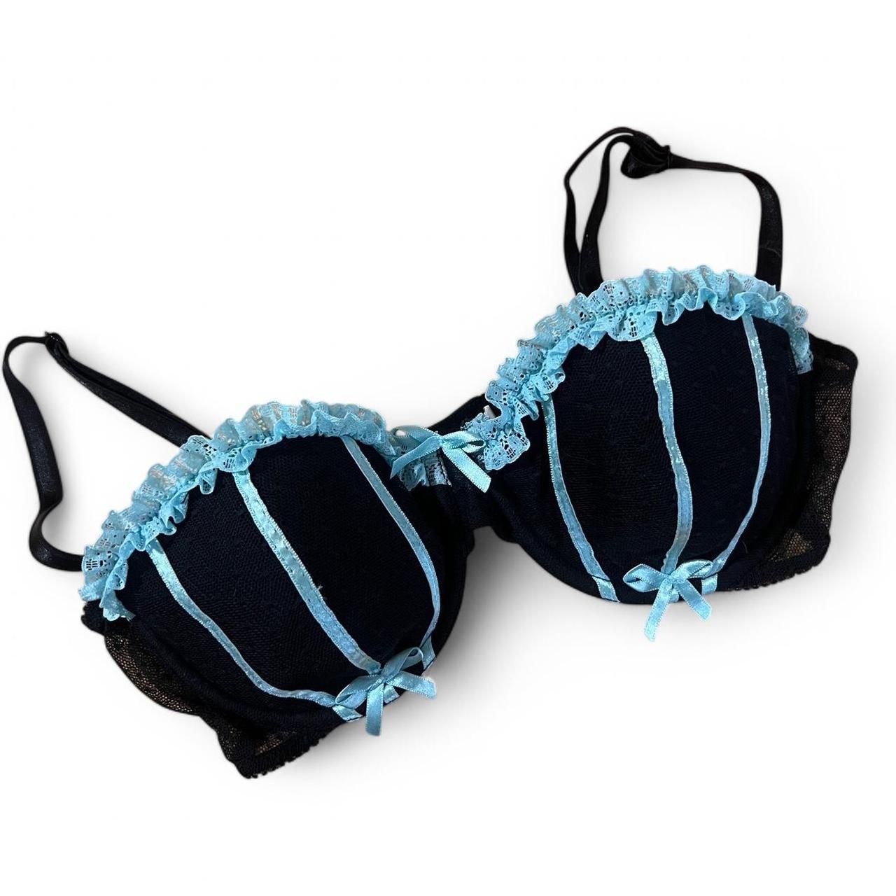 black lace bra blue boning detail blue lace trim bow... | Depop