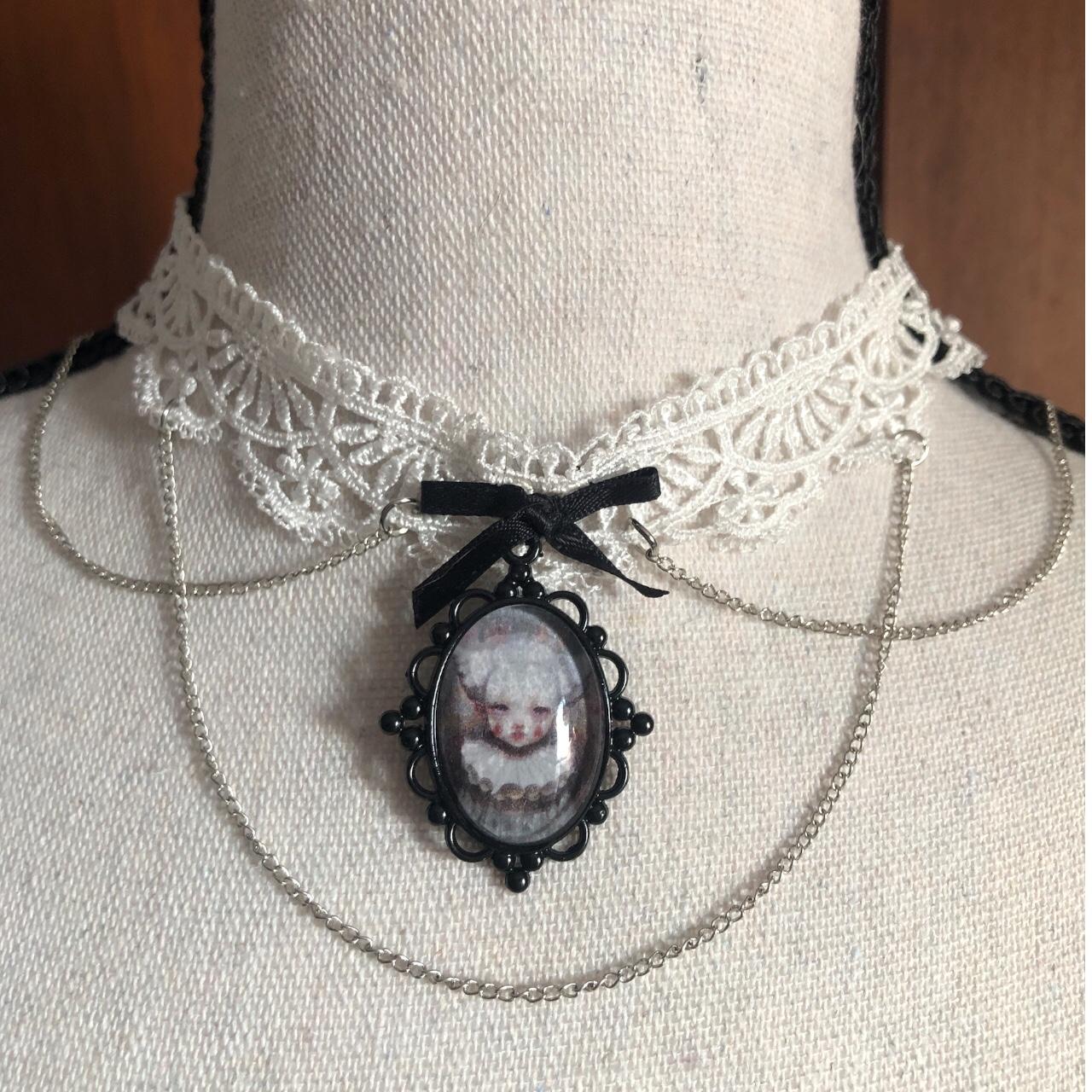 White lace choker with creepy clown girl pendant and... | Depop