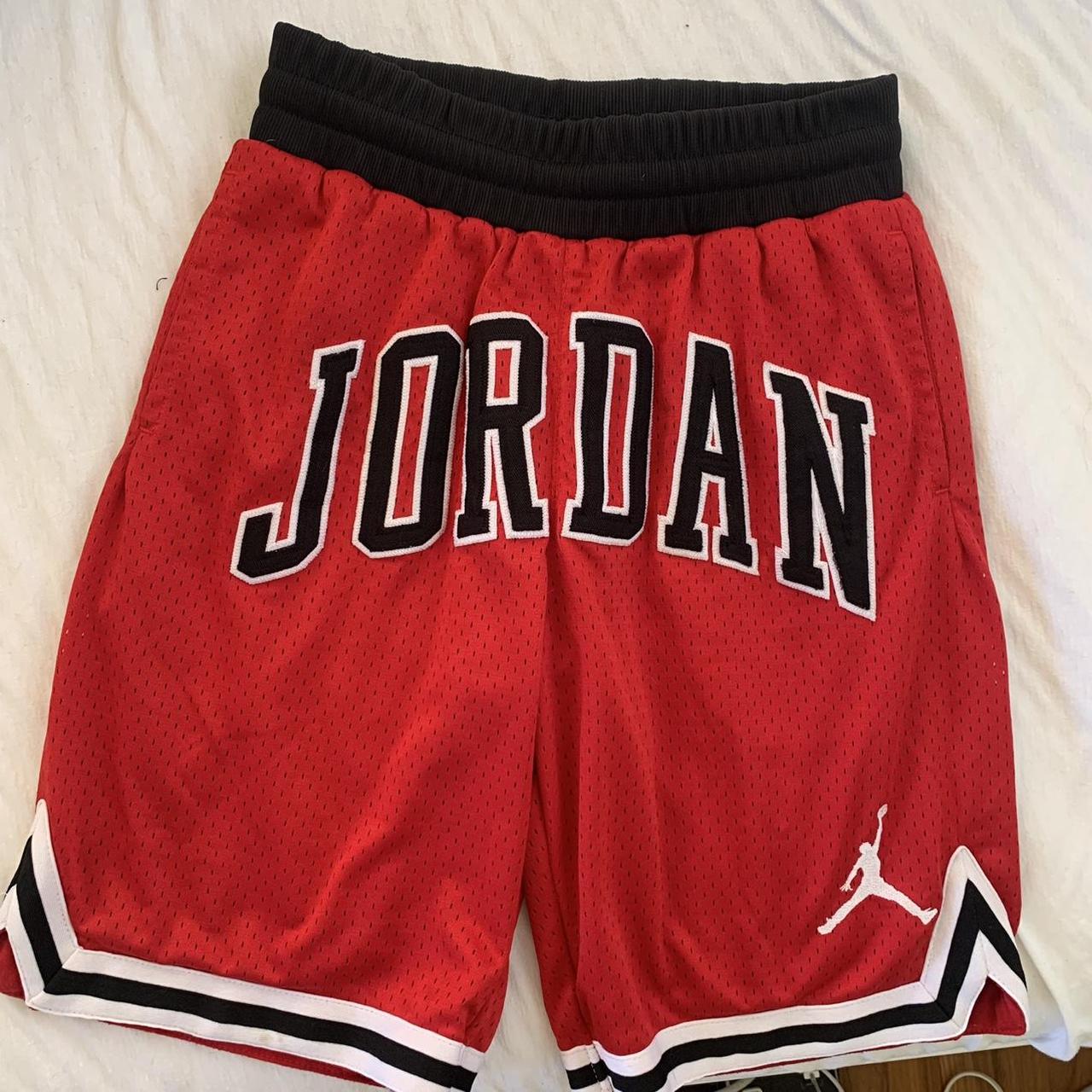 air jordan red and black basketball shorts with... - Depop