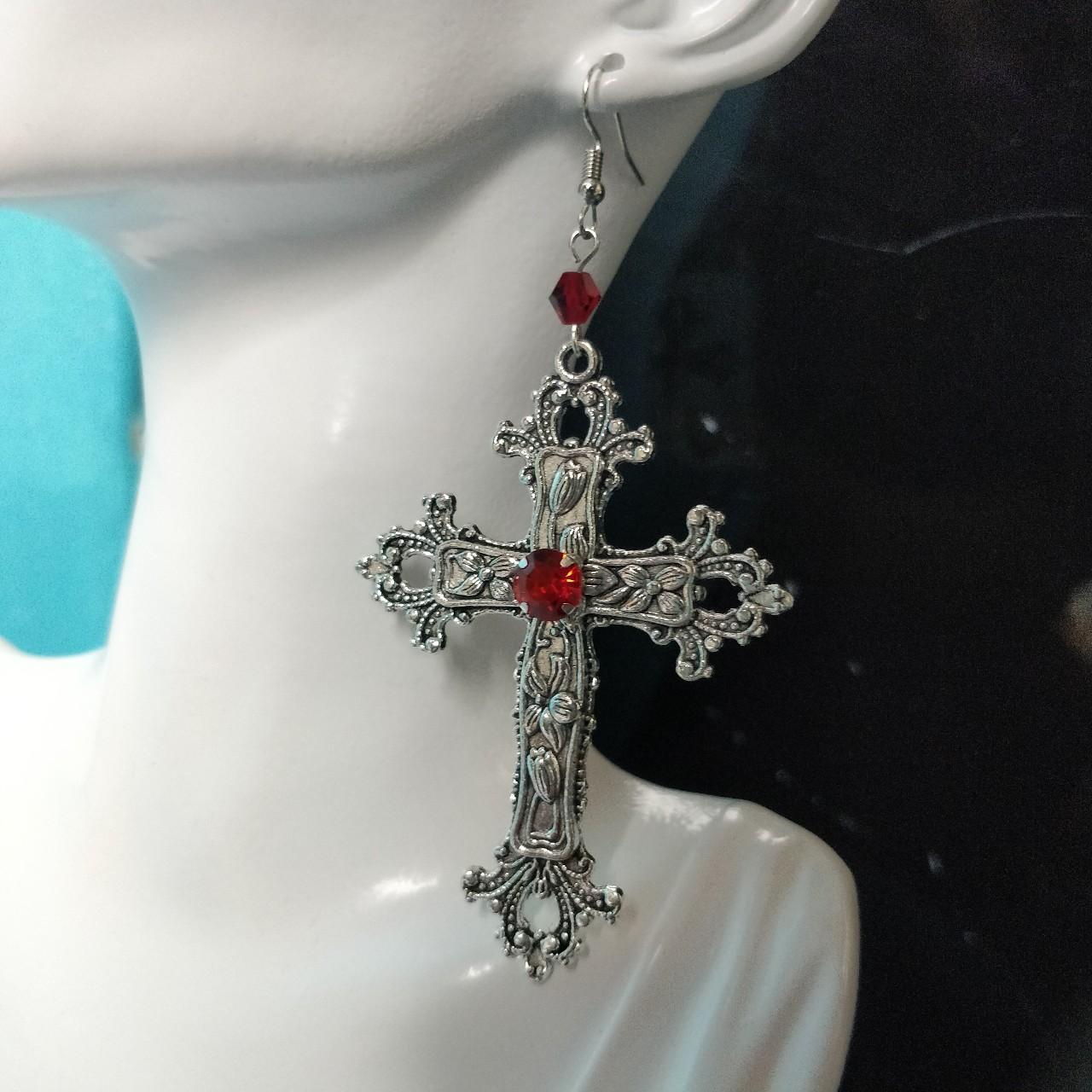 Goth earrings Floral crucifix with red... | Depop