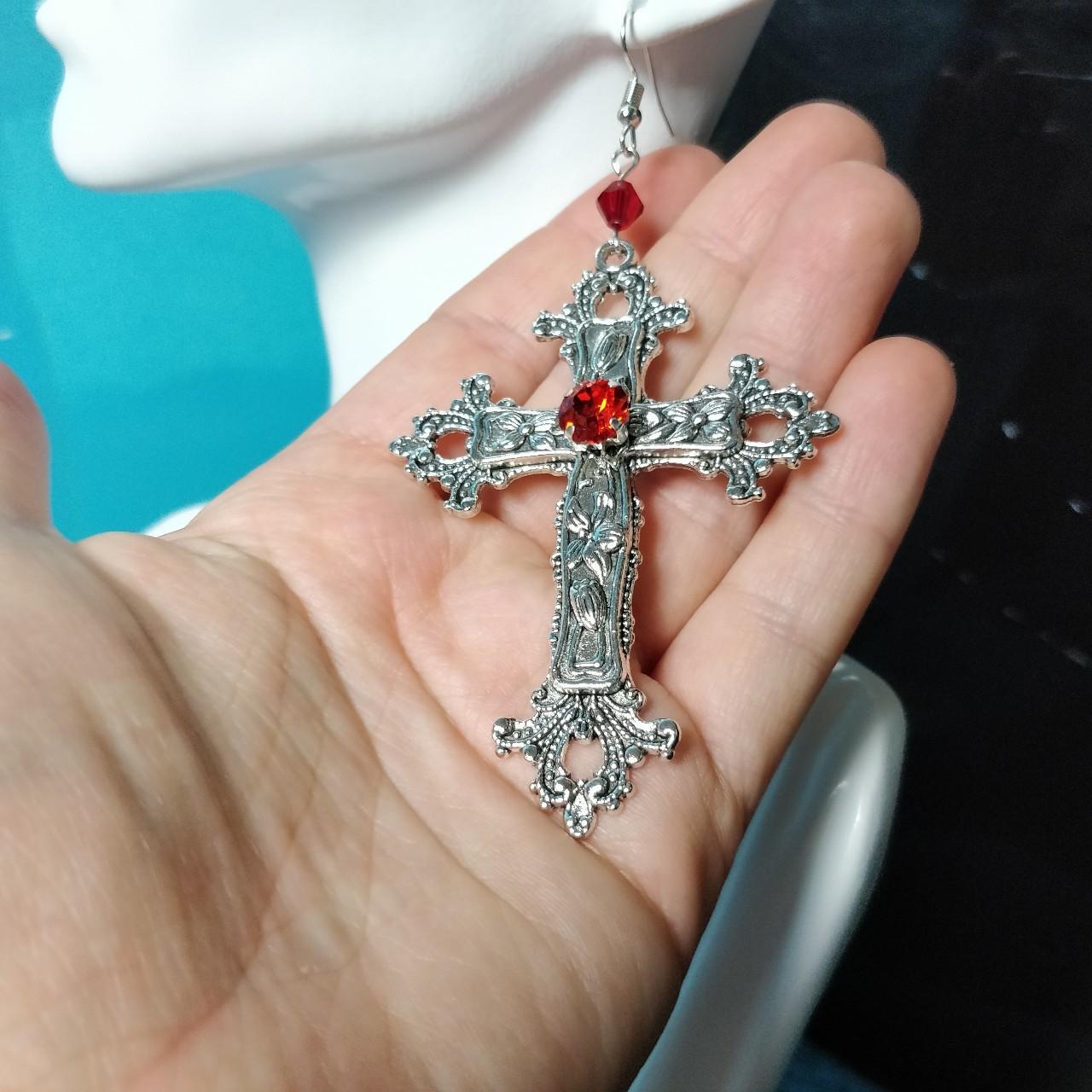 Goth earrings Floral crucifix with red... | Depop