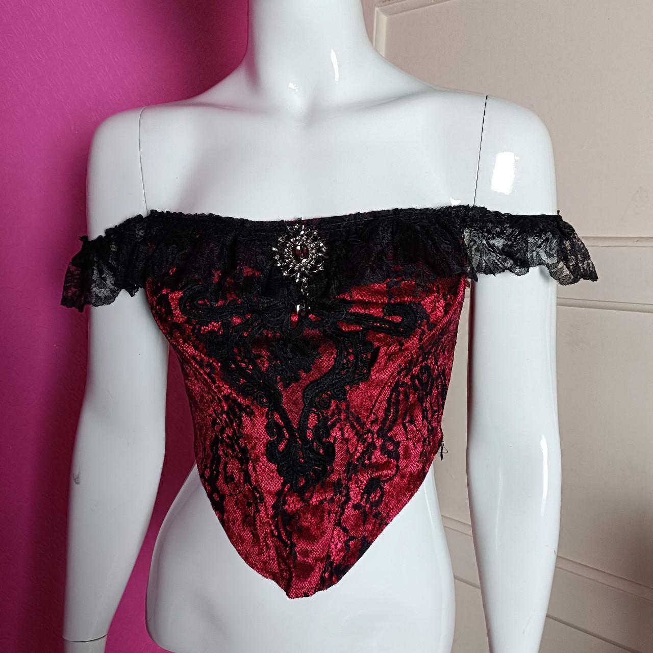 Vampire corset / Basque Red Velvet with black lace... | Depop