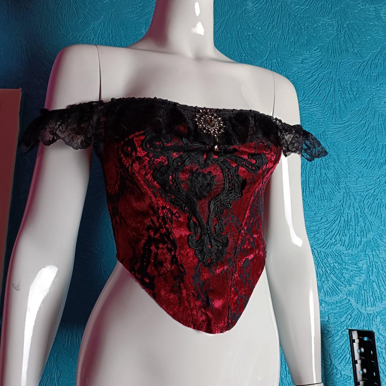 Vampire corset / Basque Red Velvet with black lace... | Depop