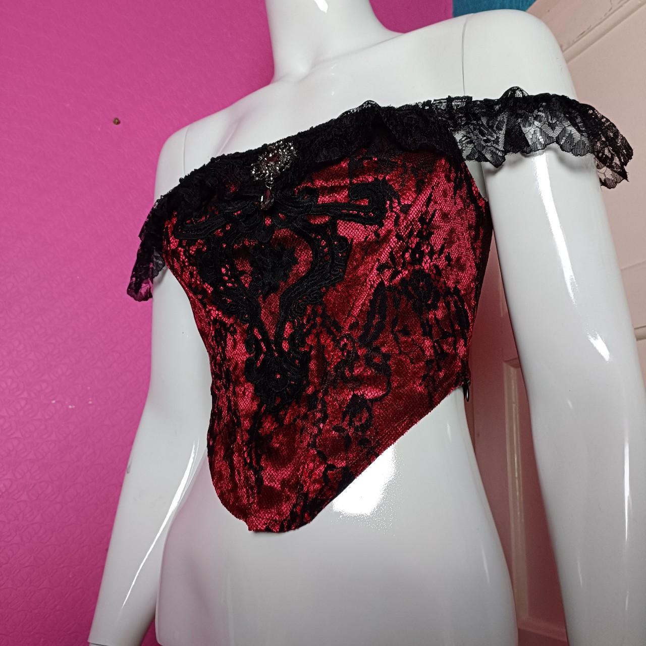 Vampire corset / Basque Red Velvet with black lace... | Depop