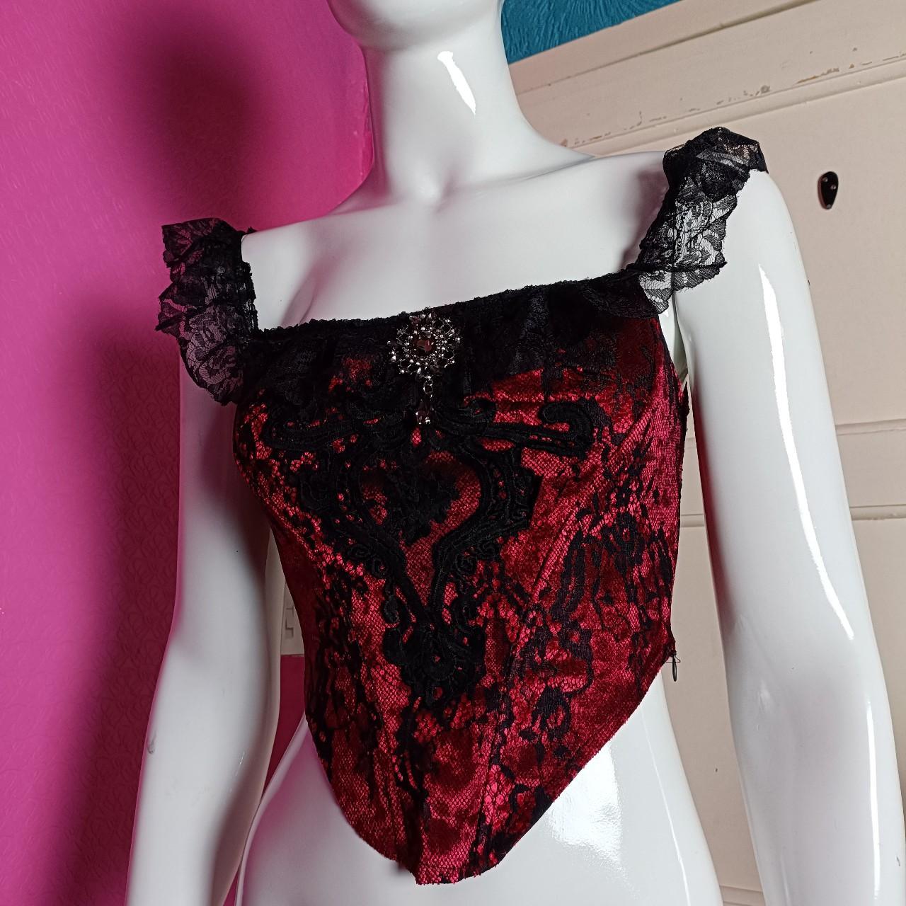 Vampire corset / Basque Red Velvet with black lace... | Depop