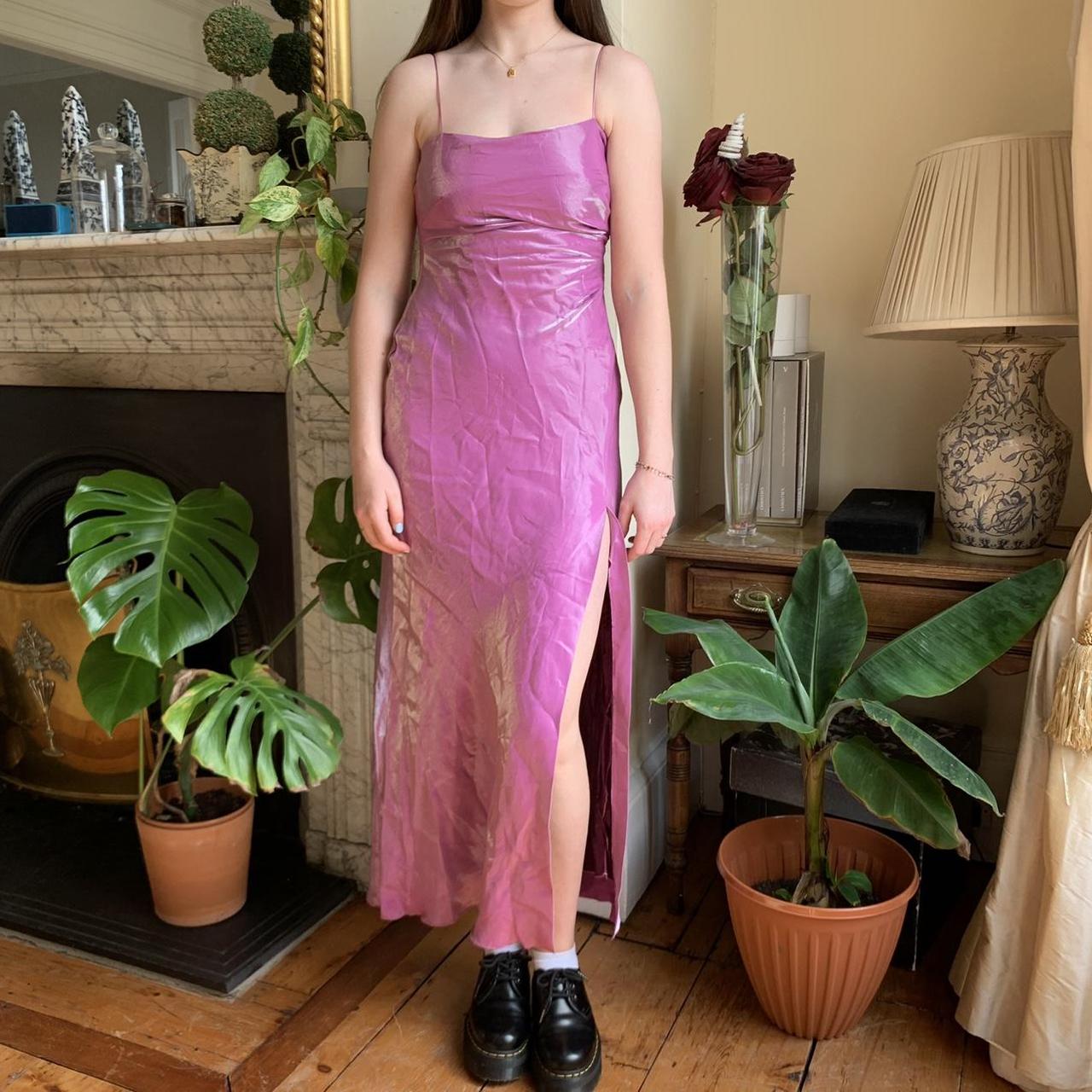 stunning iridescent pink vintage dress with slit up... - Depop