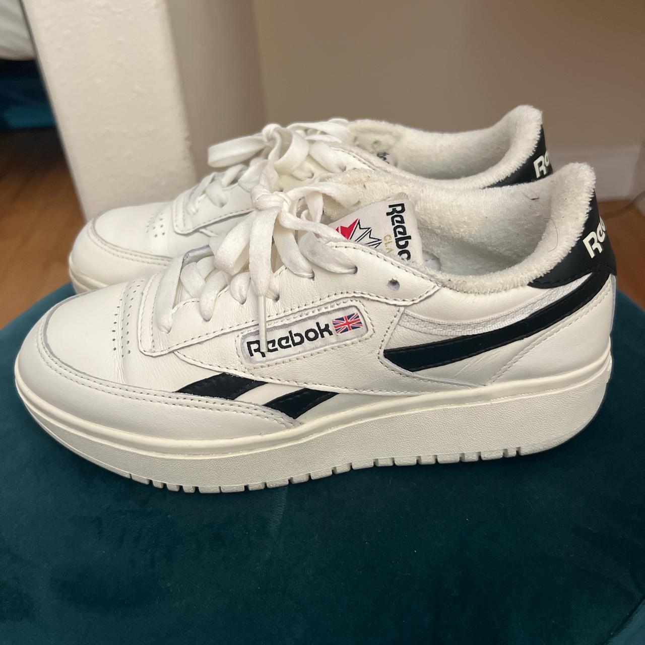 Platform reebok classics, black and white, only worn... - Depop