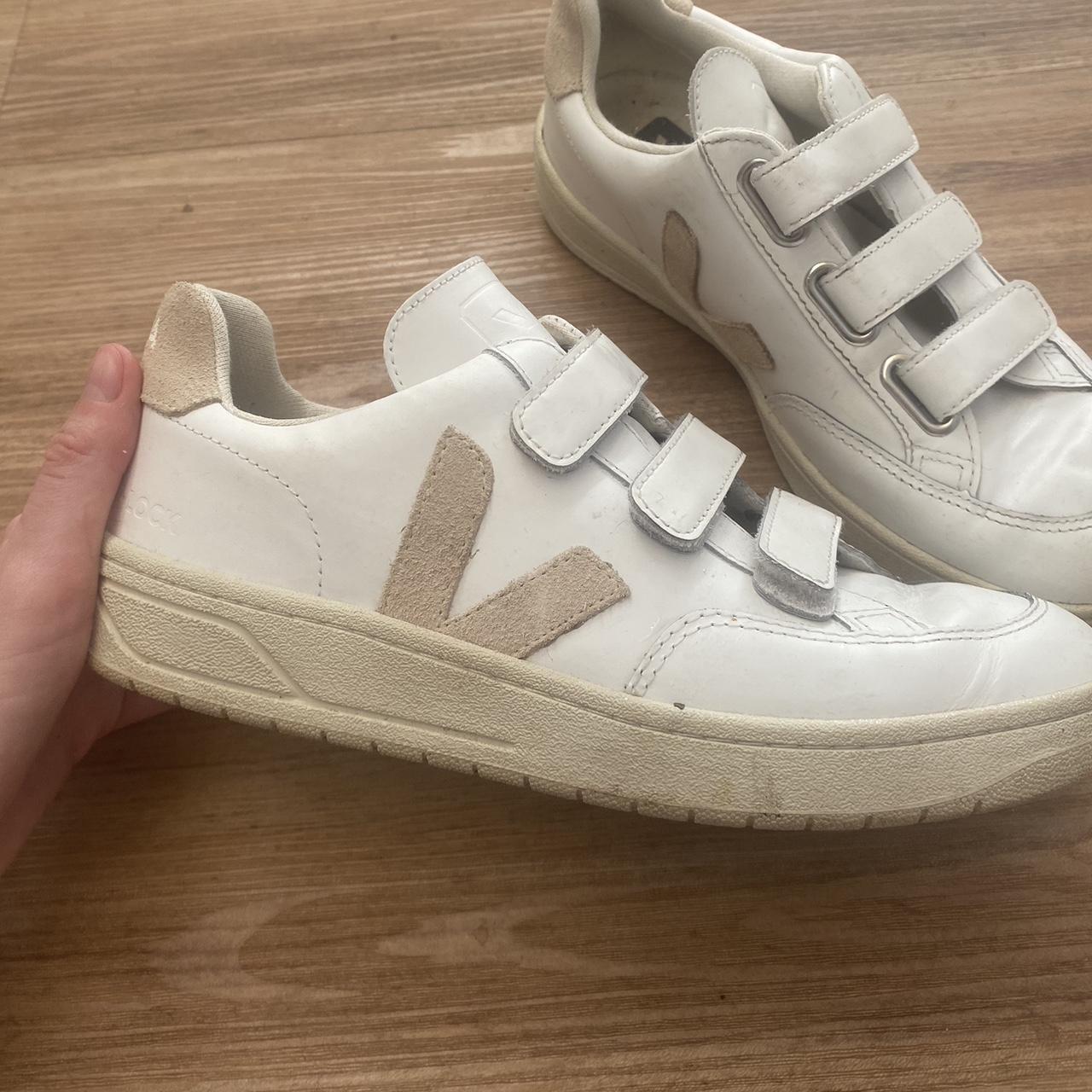 Veja Velcro sneakers. White with beige detailing.... - Depop