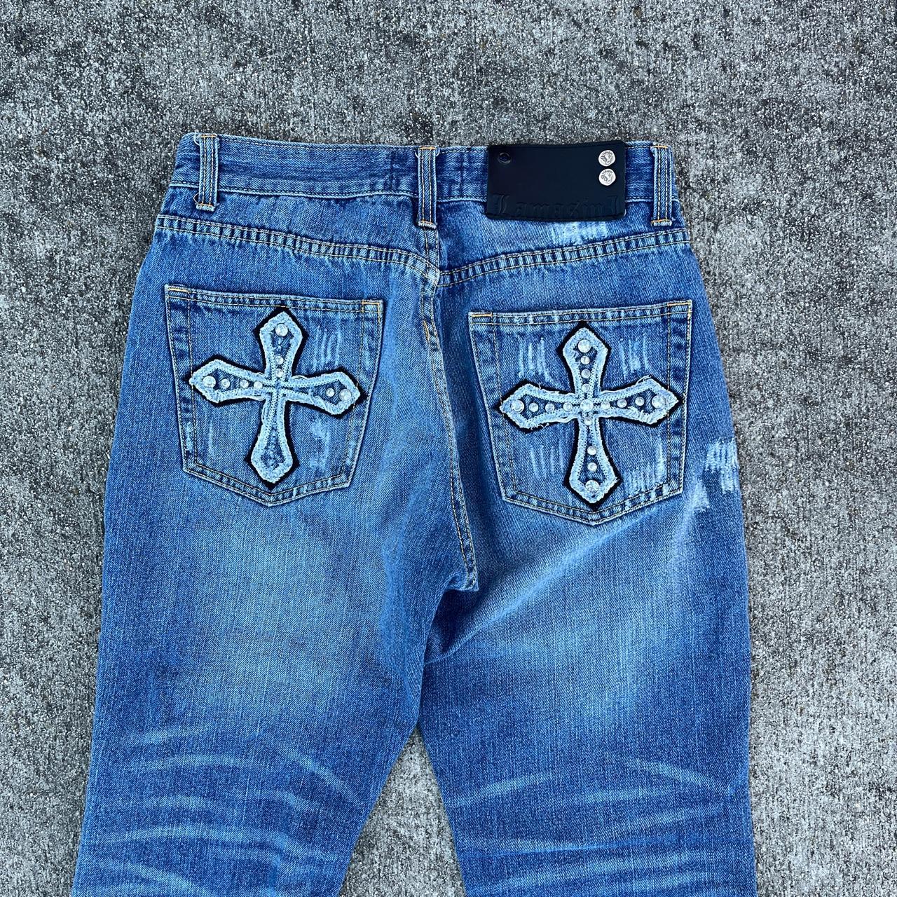 Y2K Distressed Cross Embroidered Jeans. Measured... - Depop