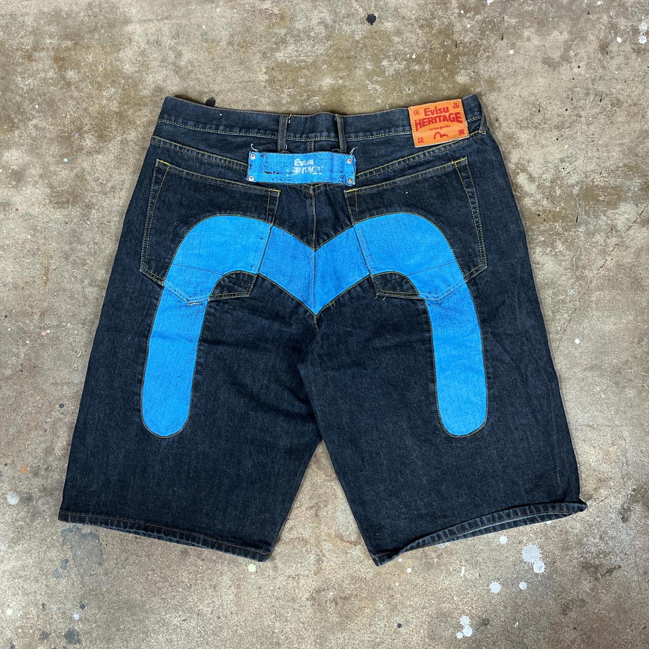 Evisu Baggy Denim Shorts. Measured size 42x14 14”... - Depop