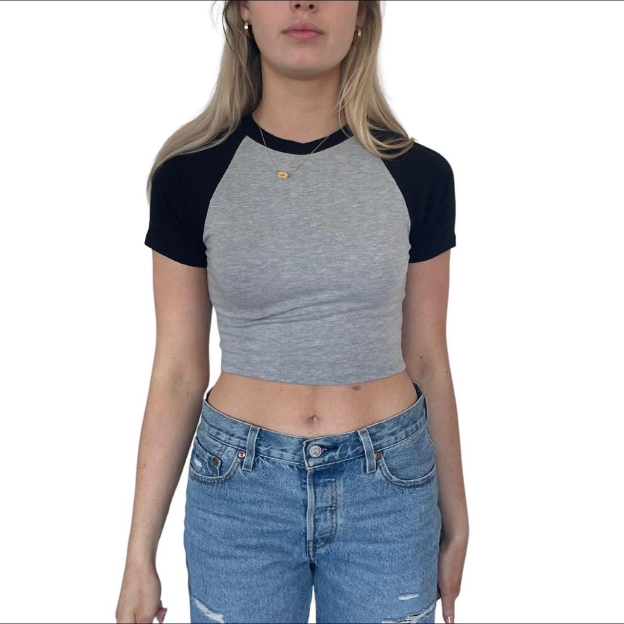 black and grey raglan tee size au 8 - Depop