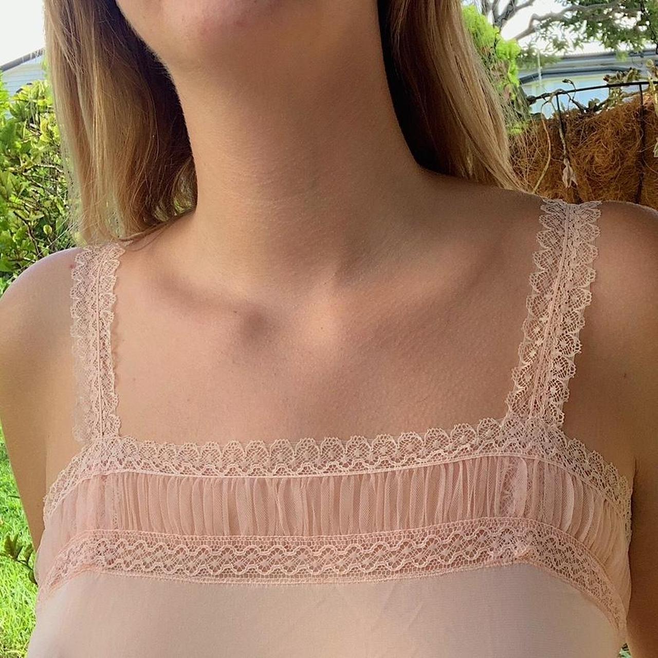The sweetest baby pink sheer top with lace details... - Depop