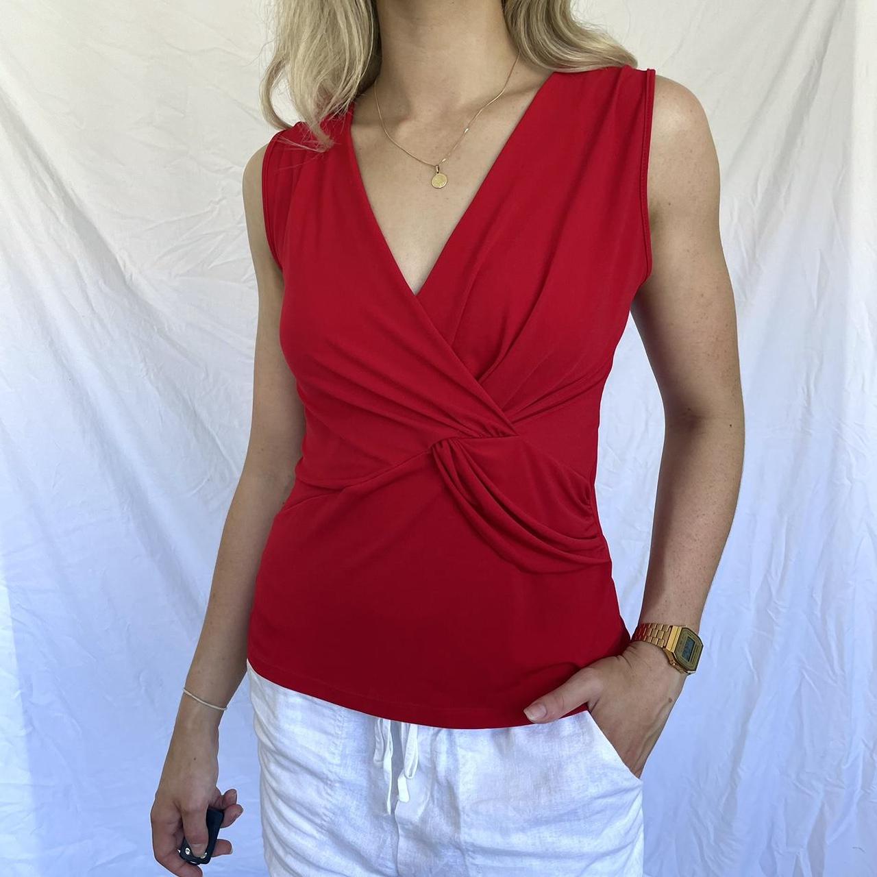 lovely red v-neck ruched tank top. perfect staple.... - Depop