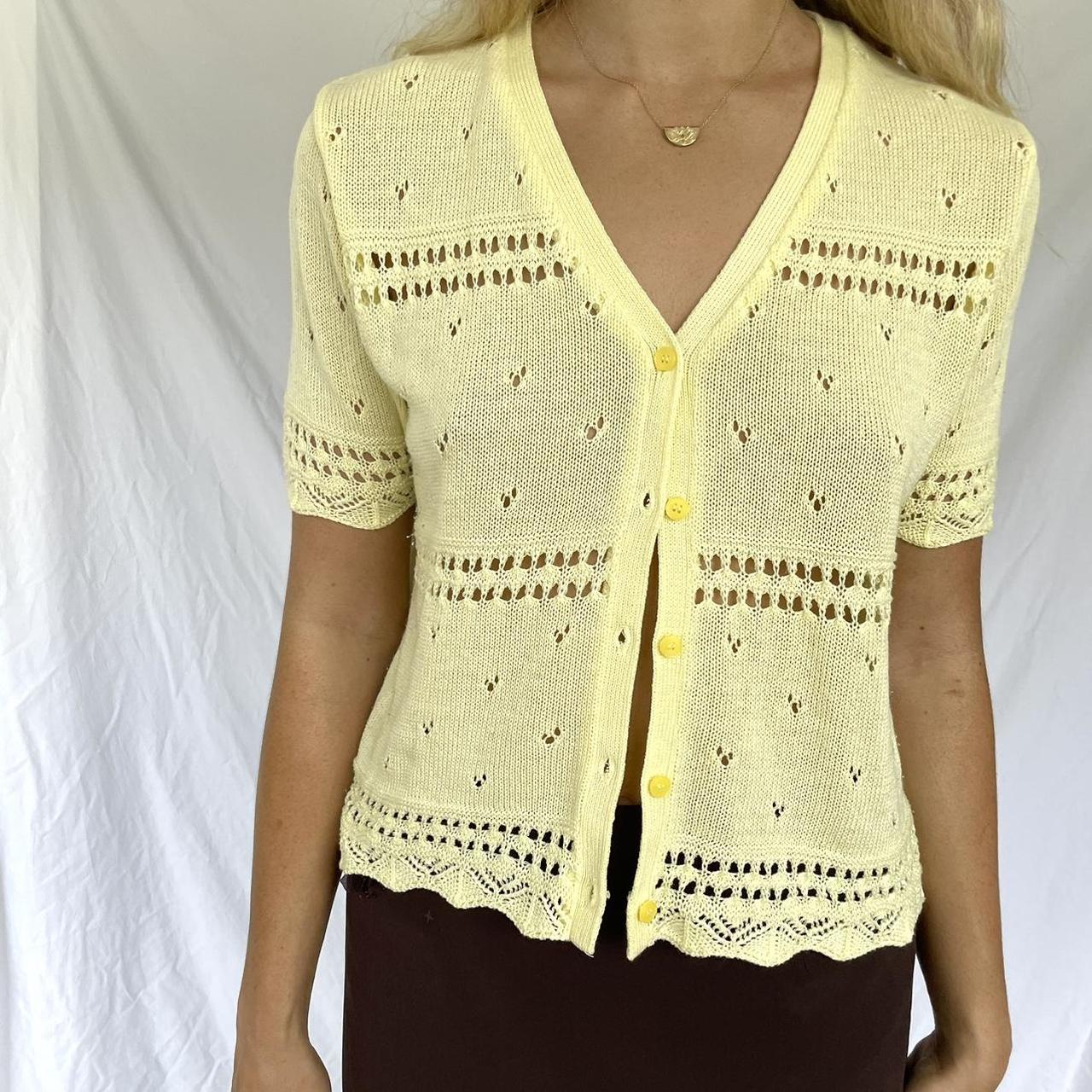 adorable lemon yellow short sleeve crochet knit top.... - Depop