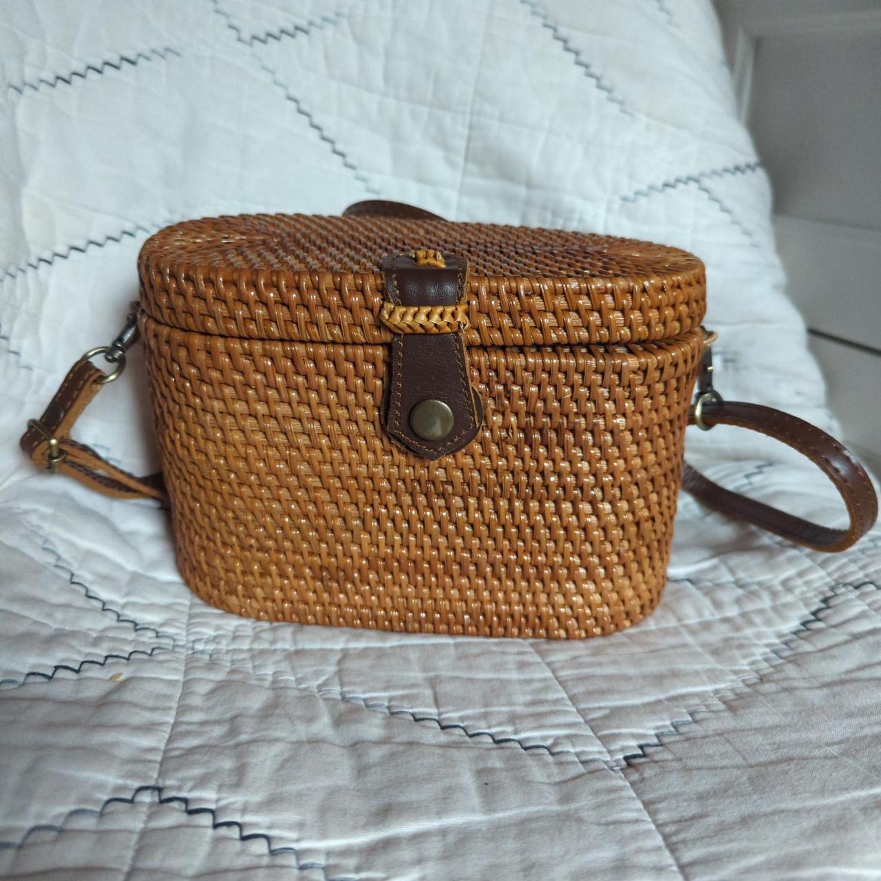 small wicker purse, lined with pale blue gingham fabric - Depop