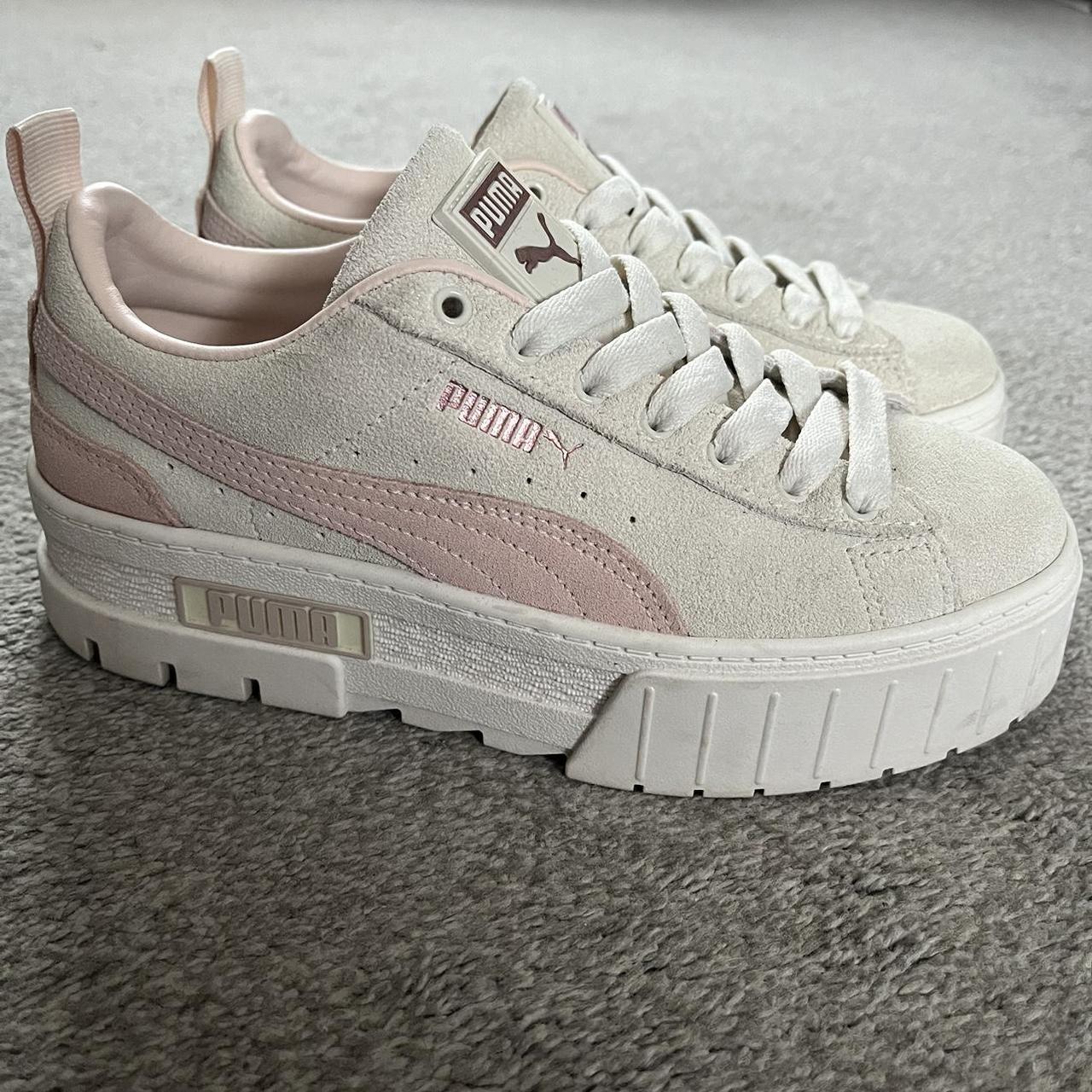 cream and pink puma platform trainers in a size... - Depop